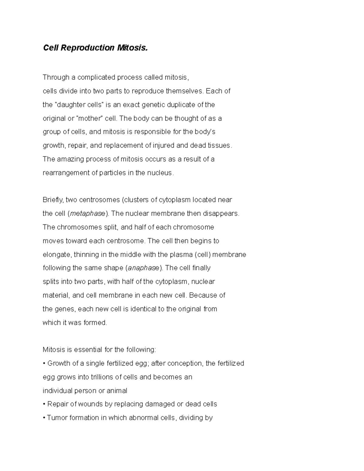 Cell Reproduction Mitosis - Through a complicated process called ...