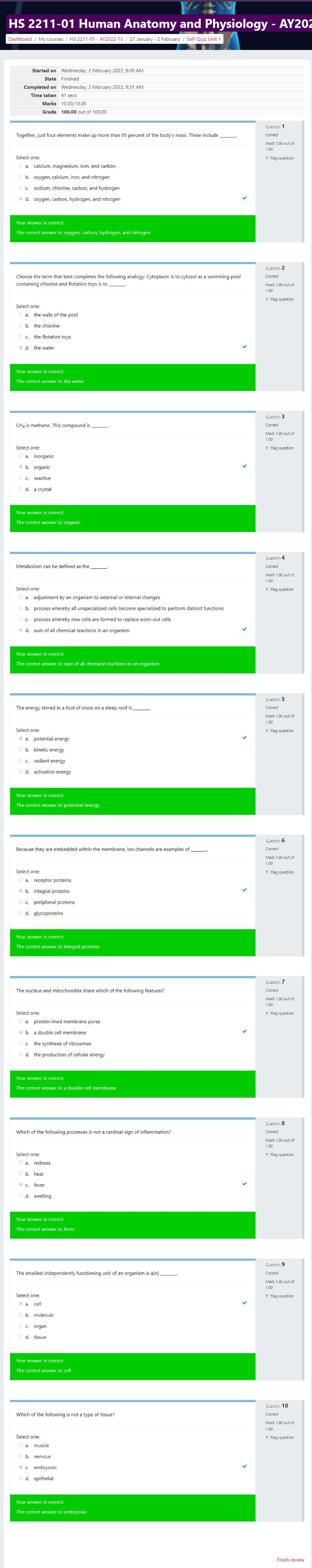 Anatomy & Physiology Unit 1 Self Quiz Attempt 2 - CPH 2211 - Studocu