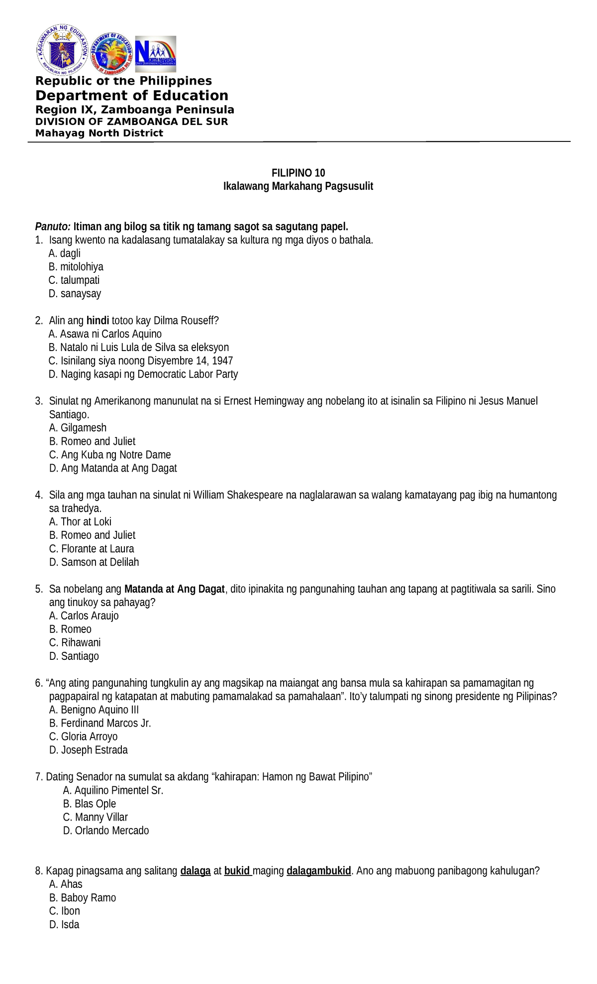 TQ-2ND- Grading- Grade 10- Filipino - Republic of the Philippines ...