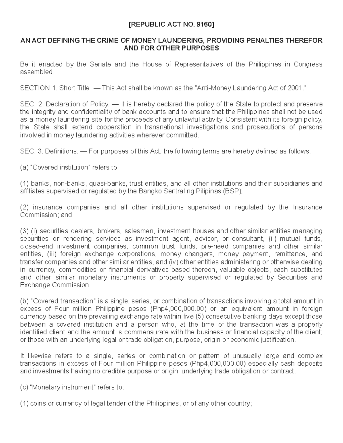 RA 9160 AMLA - RA 9160 AMLA - [REPUBLIC ACT NO. 9160] AN ACT DEFINING ...
