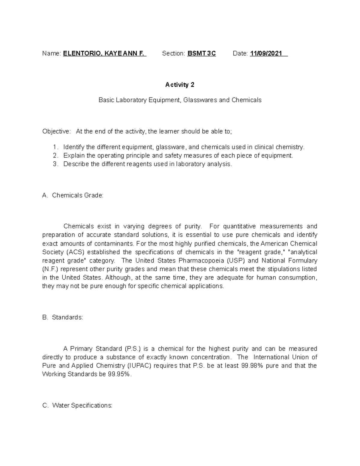 Activity 2 Basic Laboratory Equipment, Glassware's and Chemicals - Name ...