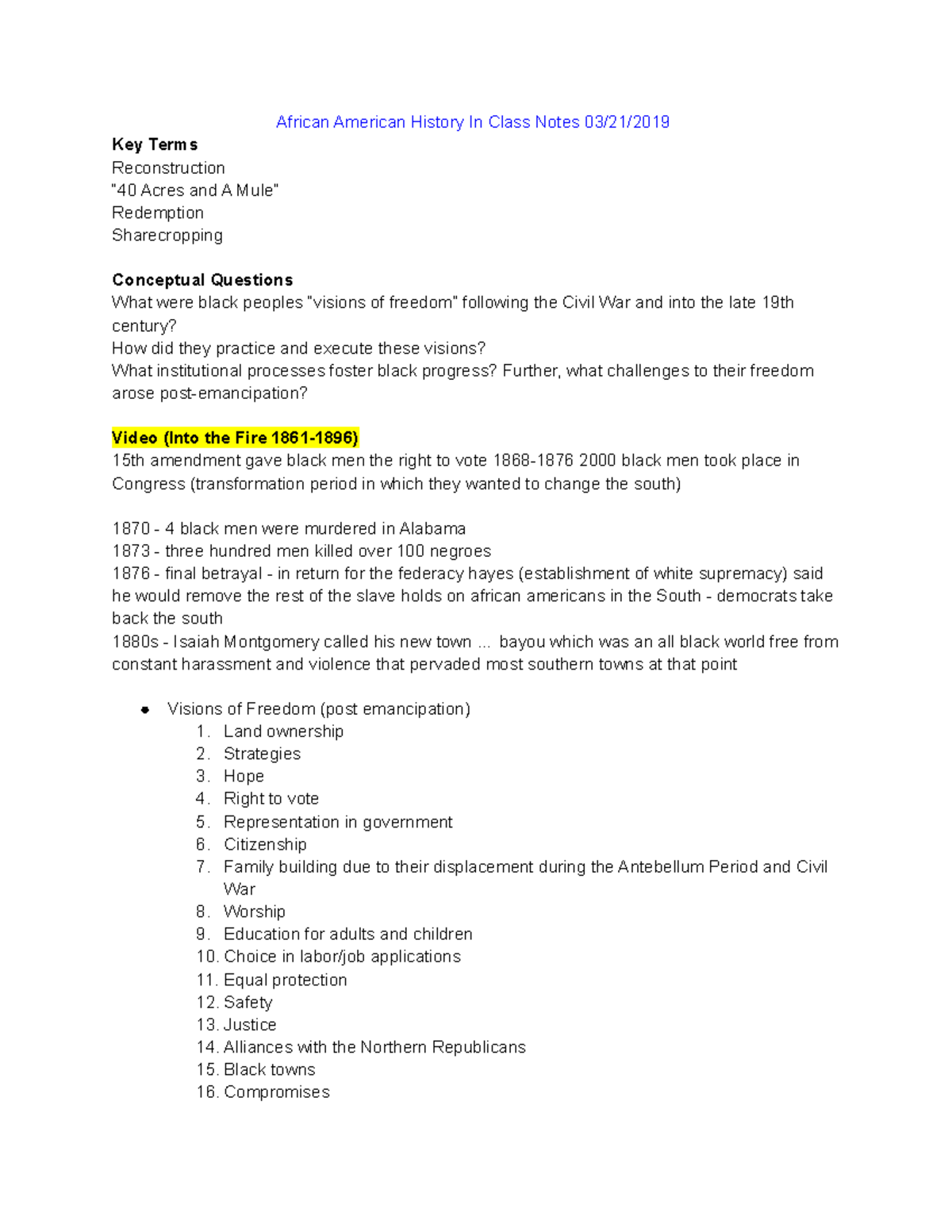 African American History In Class Notes Week 8 - African American ...