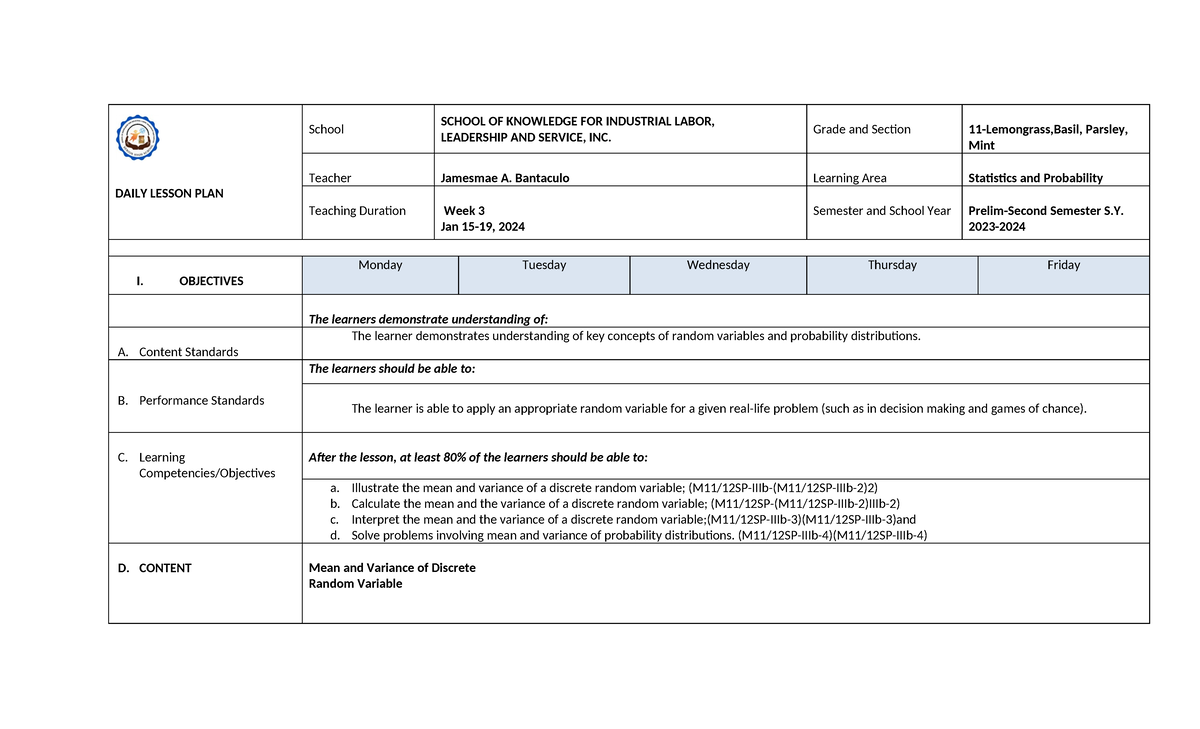 DLL WEEK 3 - DAILY LESSON PLAN - DAILY LESSON PLAN School SCHOOL OF ...