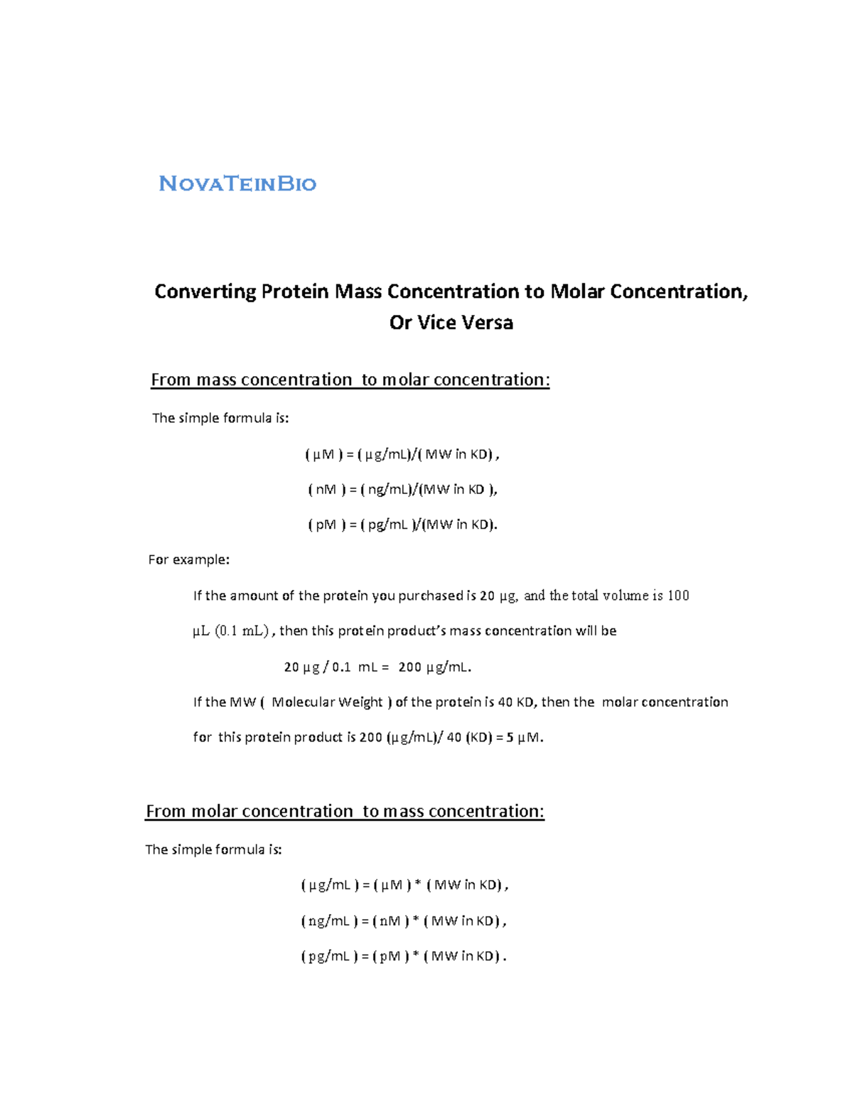 Converting protein mass concentration to molar concentration, or vice versa - NovaTeinBio ...
