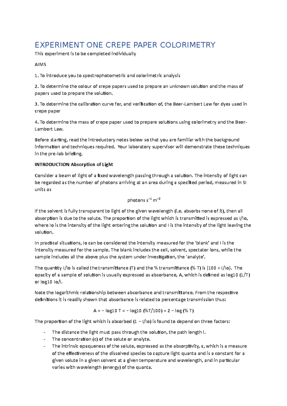 Experiment ONE Crepe Paper Colorimetry - EXPERIMENT ONE CREPE PAPER ...