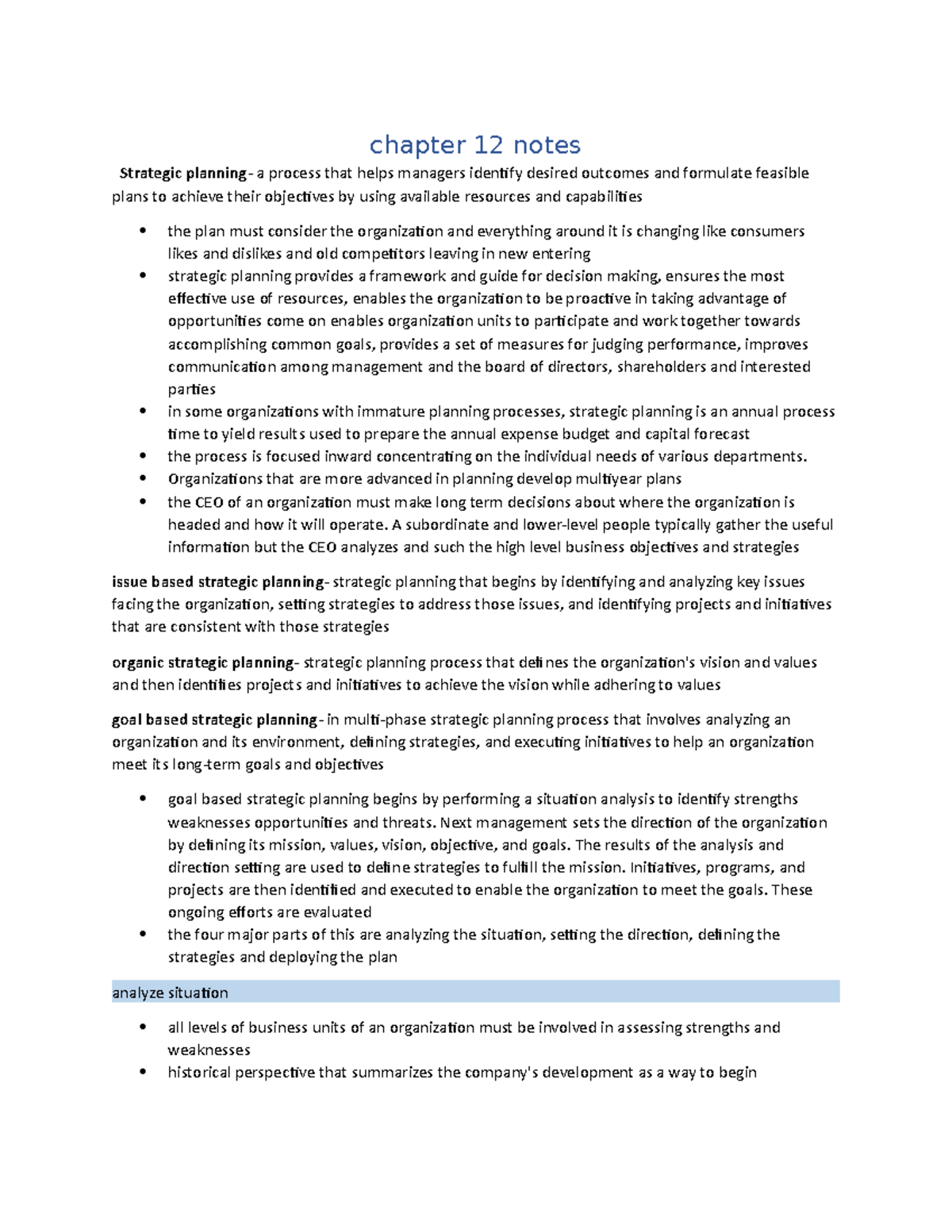 Chapter 12 notes info - chapter 12 notes Strategic planning- a process ...