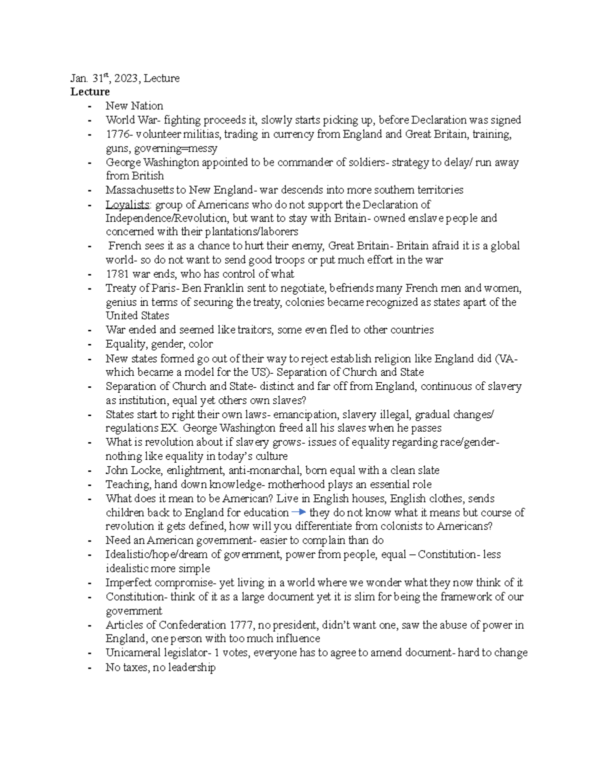 HIST Class Notes 4 - Jan. 31st, 2023, Lecture Lecture - New Nation ...