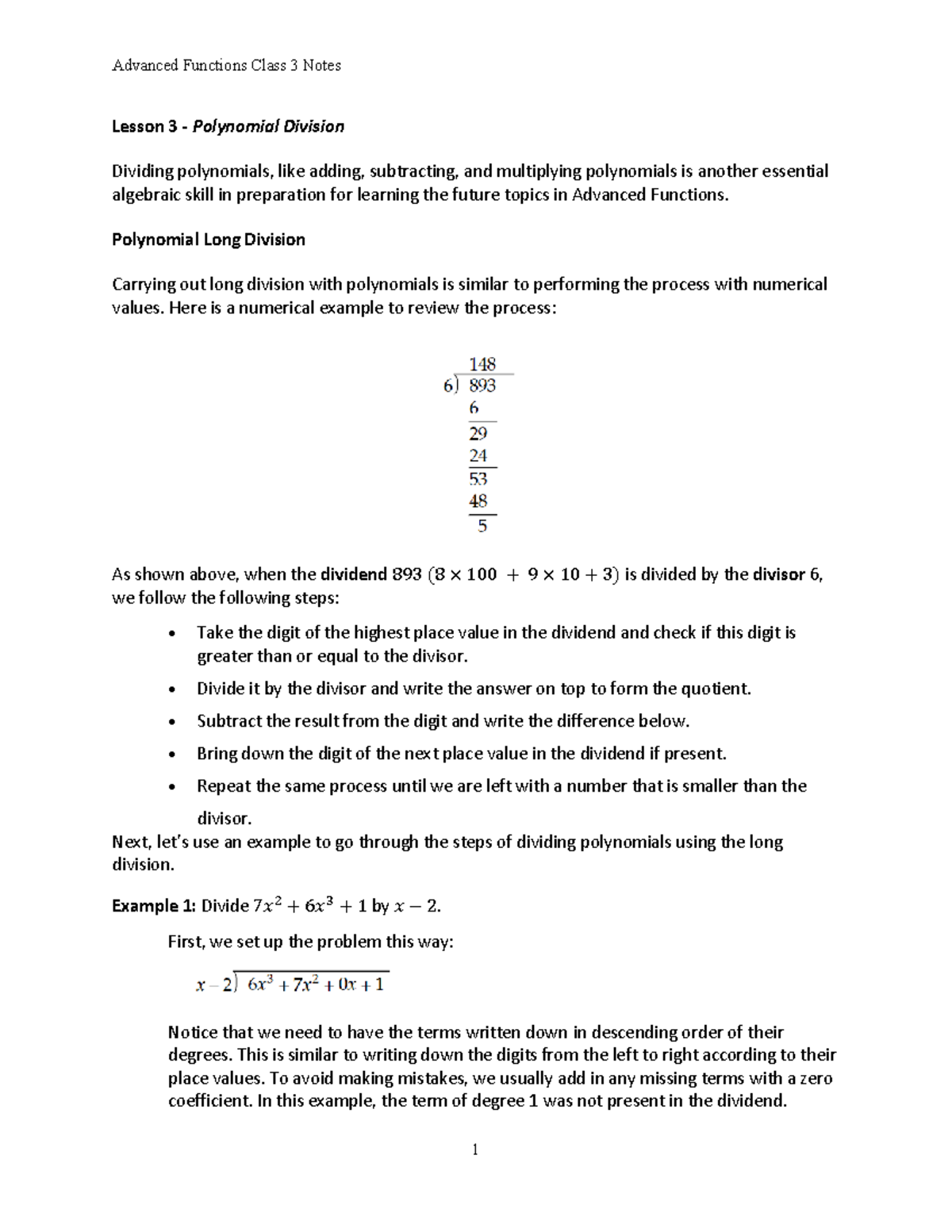 Class 03 Advanced Functions Notes Feb 21-25 - Lesson 3 - Polynomial ... Class 03 Advanced Functions Notes Feb 21-25 - Lesson 3 - Polynomial ...