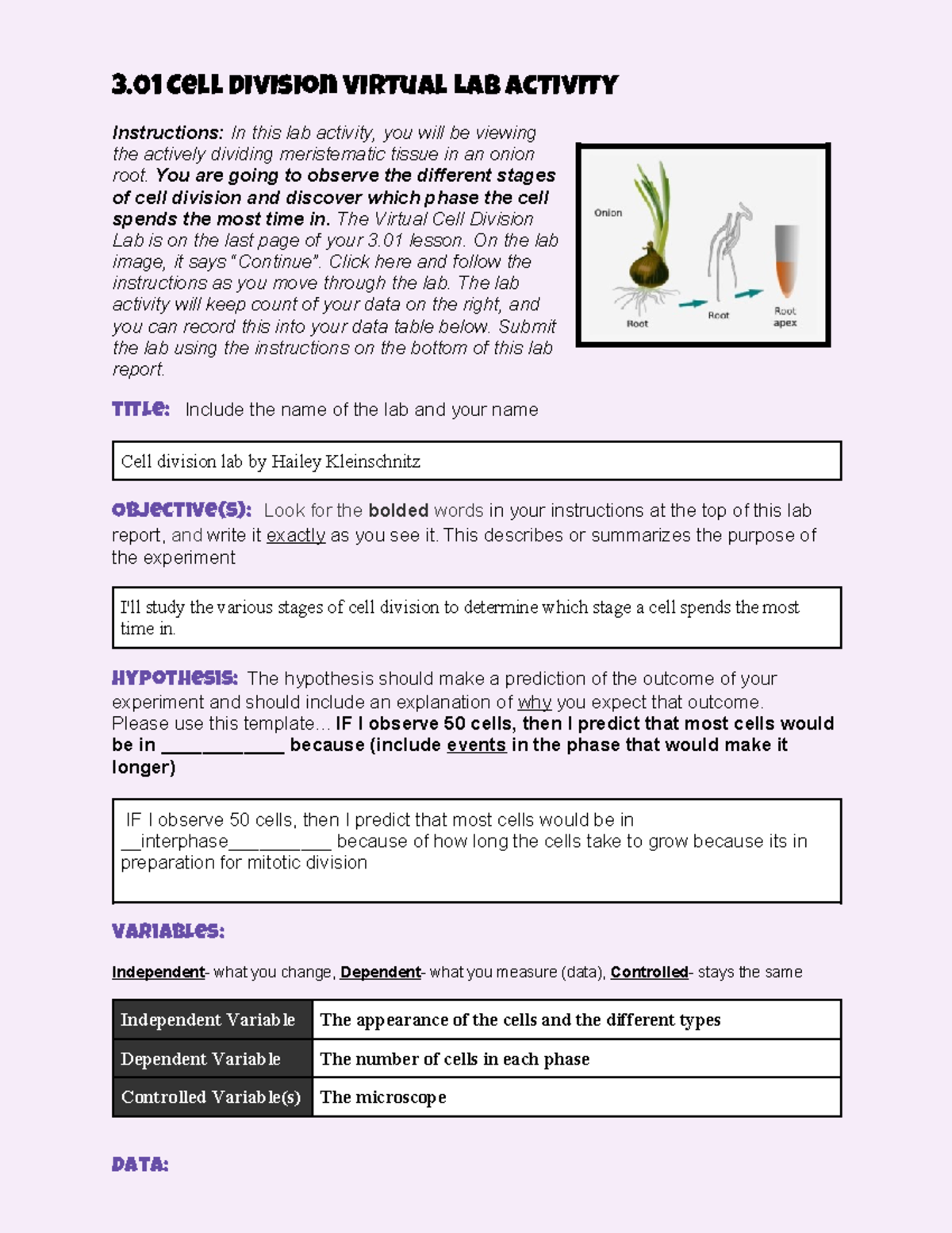 301 Lab Report Template - 3 Cell Division Virtual Lab Activity ...