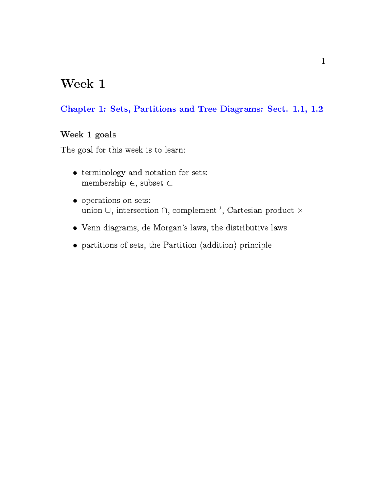 Week1 - Week 1 Chapter 1: Sets, Partitions and Tree Diagrams: Sect. 1 ...