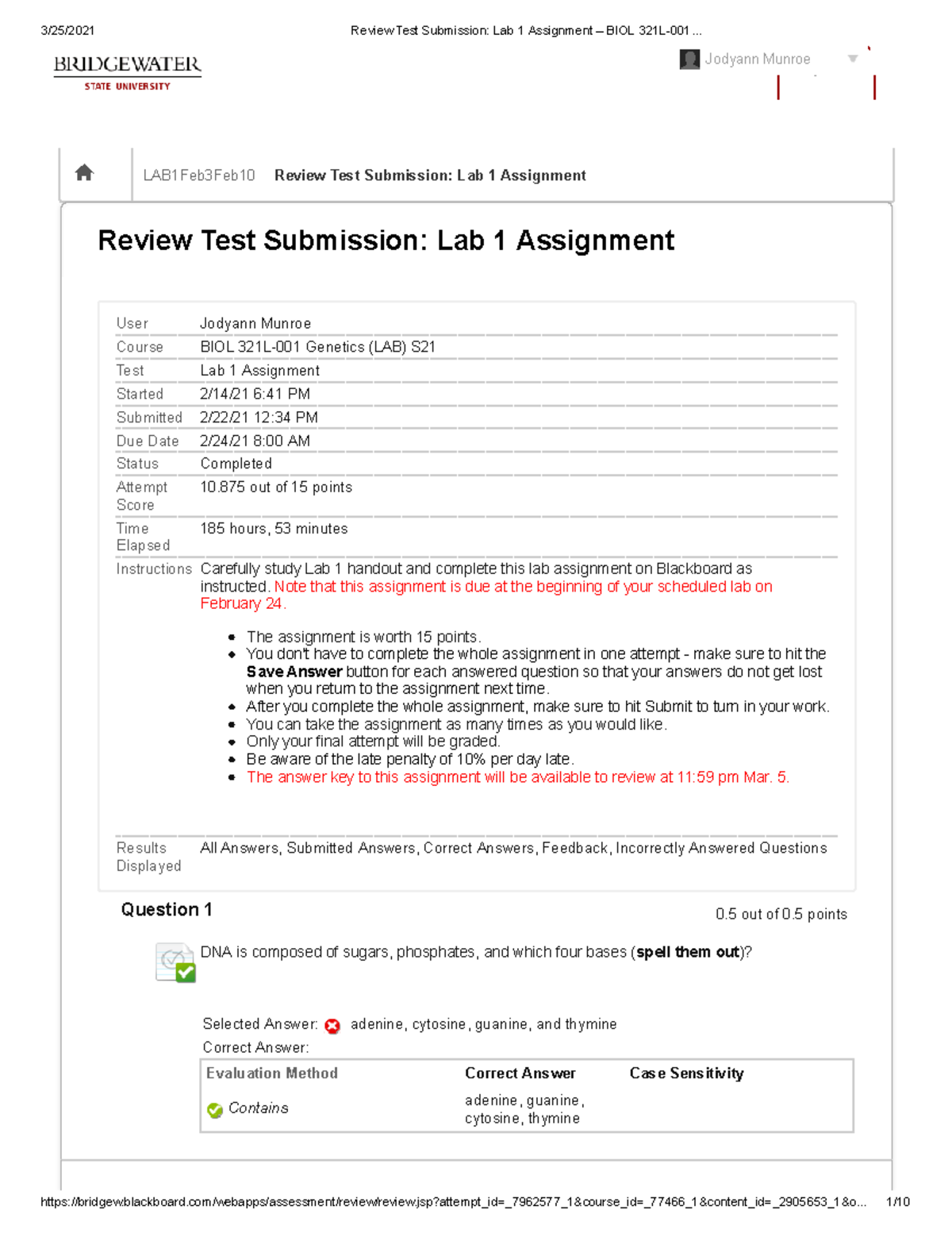Review Test Submission Lab 1 Assignment Biol 321l 001 H Lab1feb3feb10 Review Test Submission