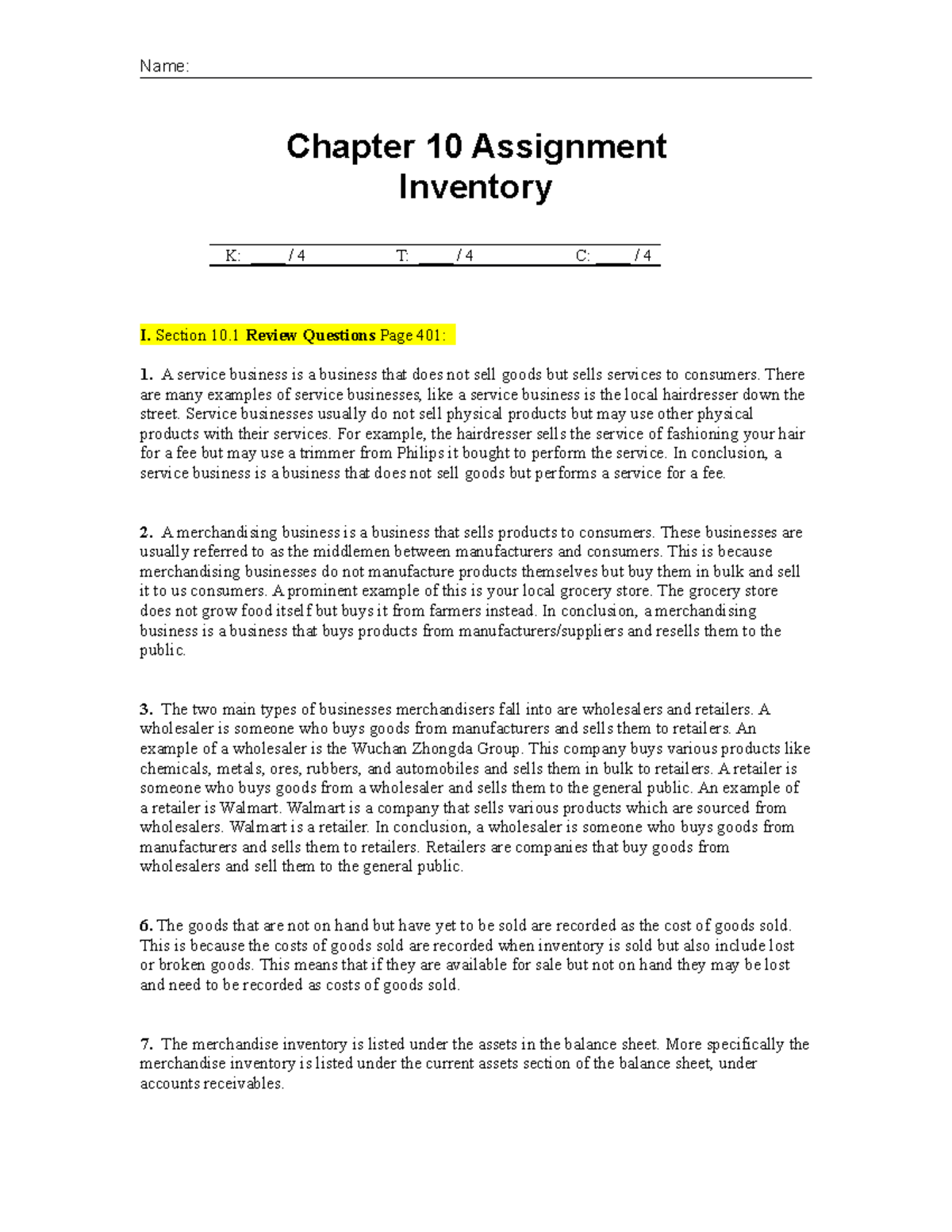 Assignment - Inventory - Name: S2Chapter 10 Assignment 22 Inventory 2 K: ____ / 4 T: ____ / 4 C ...