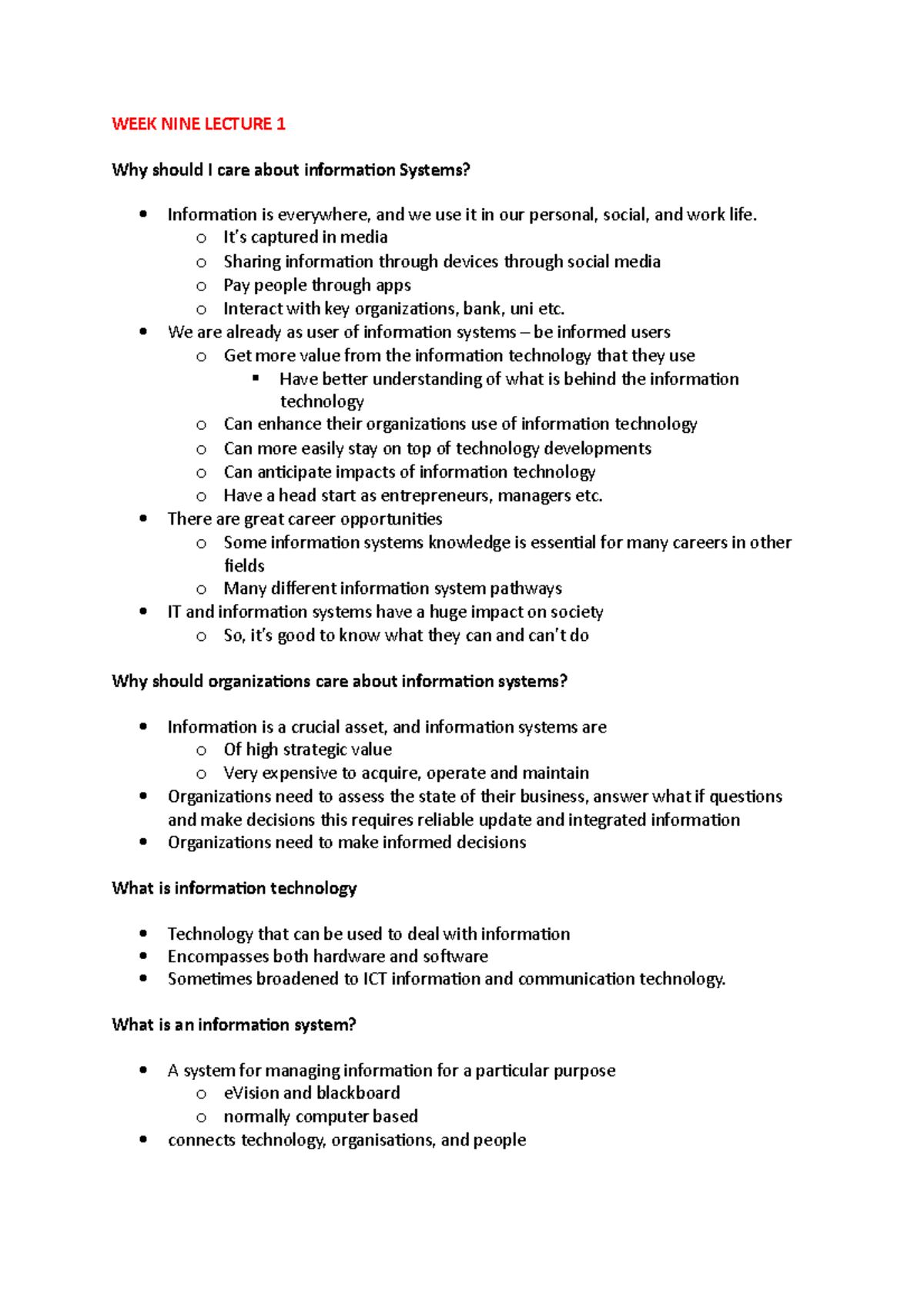 Bsns115 Lectures Lecture Notes For Information Systems Week Nine Lecture 1 Why Should I Care