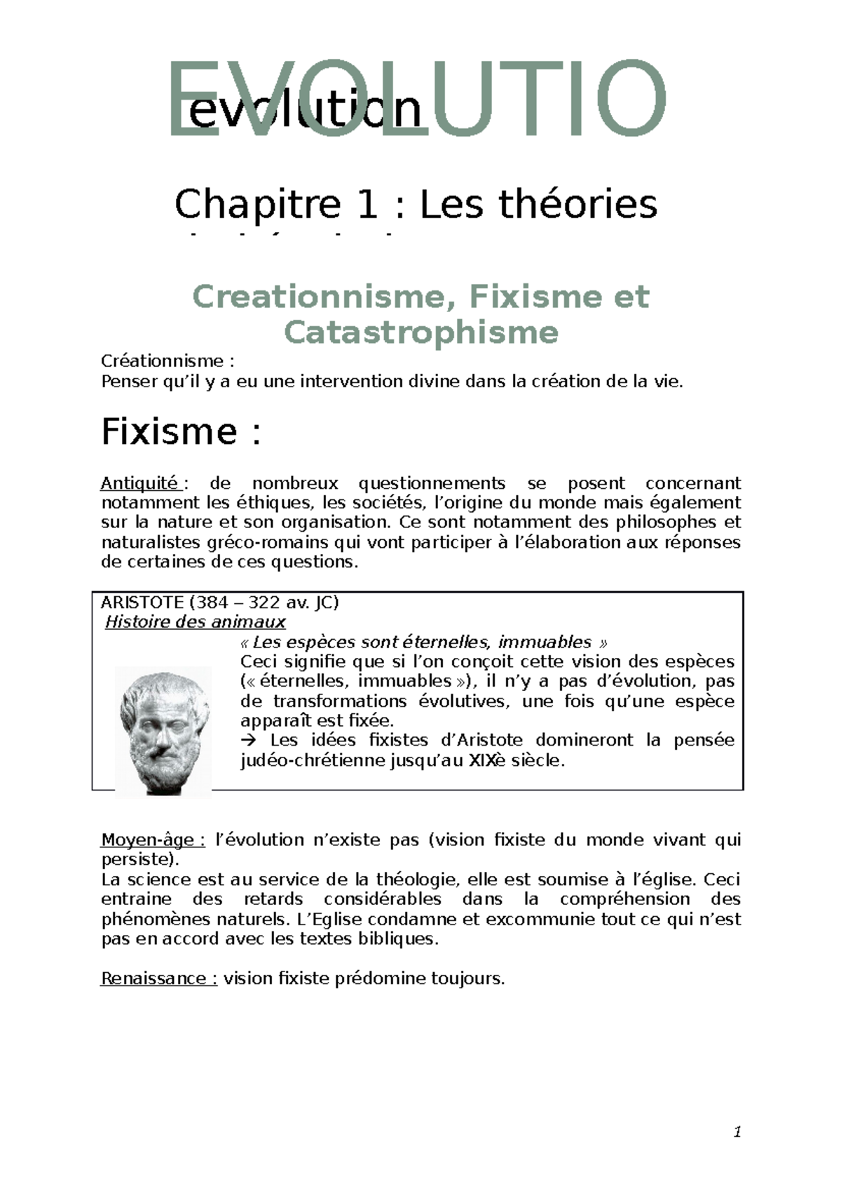Chap 1 - théories de l'évolution - Creationnisme, Fixisme et ...