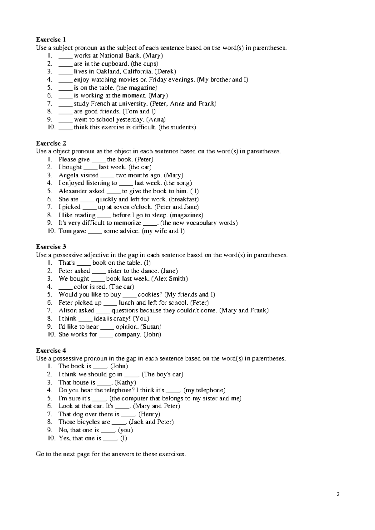 Pronouns exercise - SS practice - 2 Exercise 1 Use a subject pronoun as ...