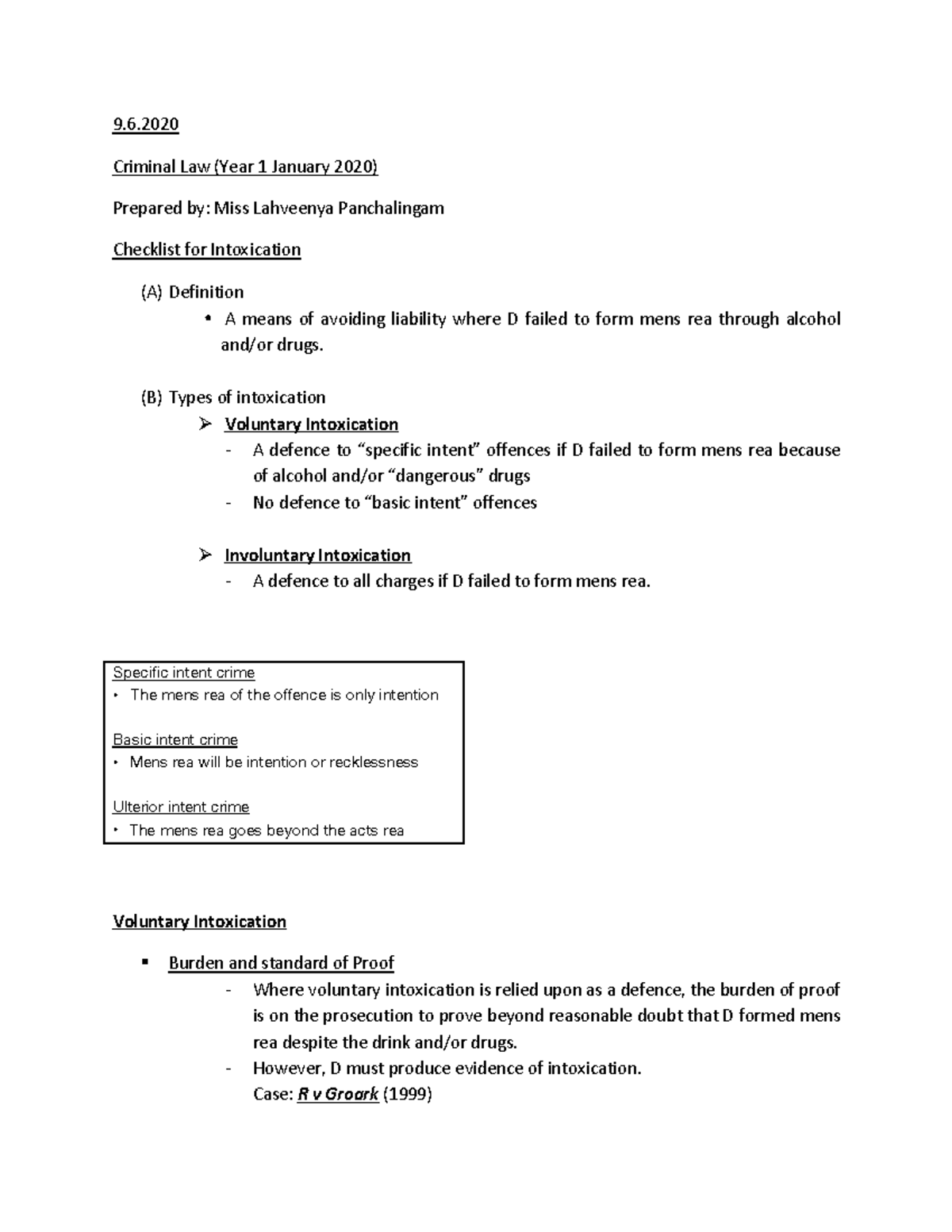 Intoxication checklist - 9. Criminal Law (Year 1 January 2020) Prepared ...