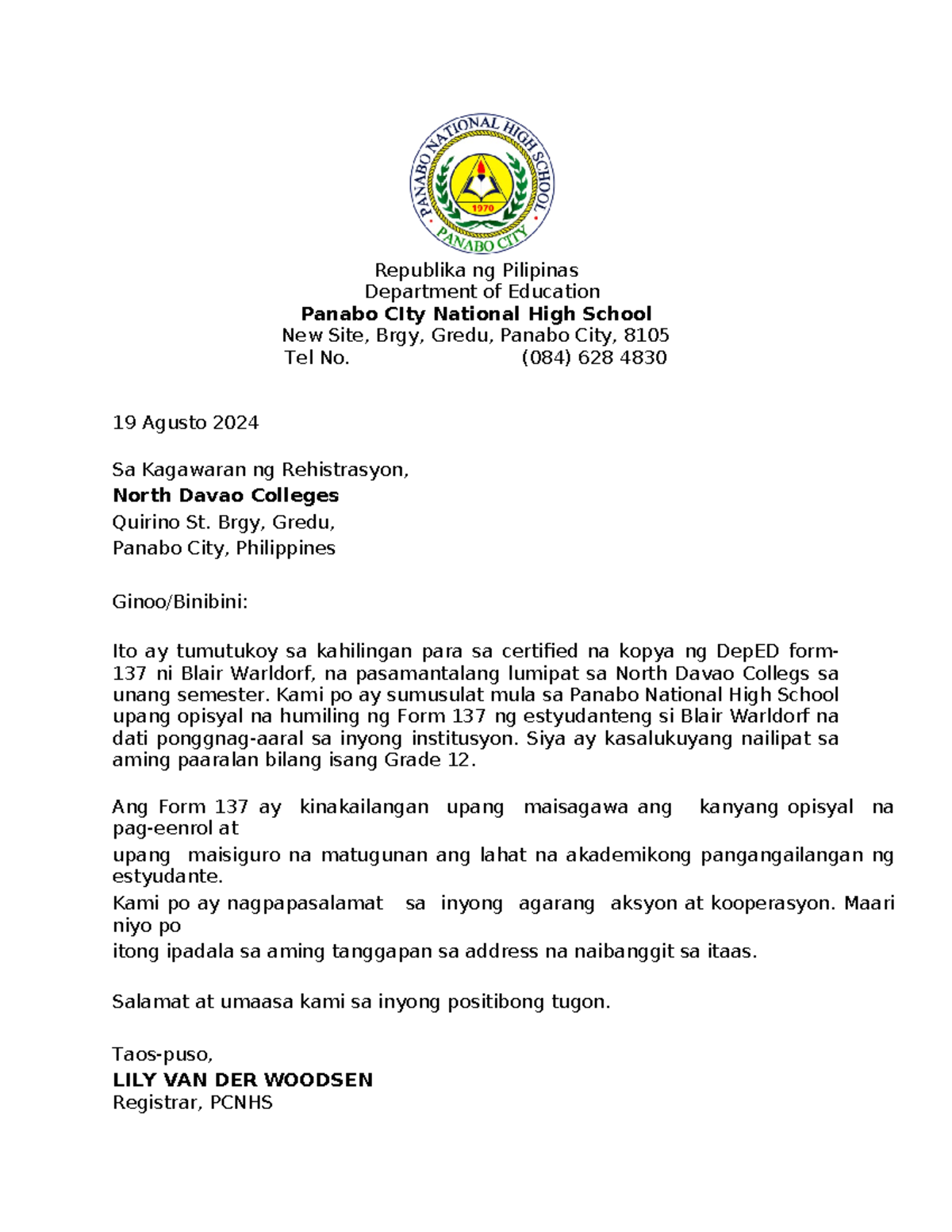 Request letter - G12 filipino sa piling larang - Republika ng Pilipinas ...