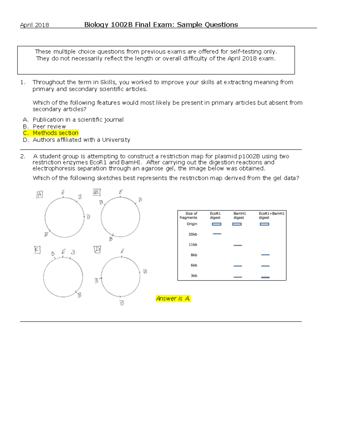 Final Exam Sample 2018 Answers - These multiple choice questions from ...
