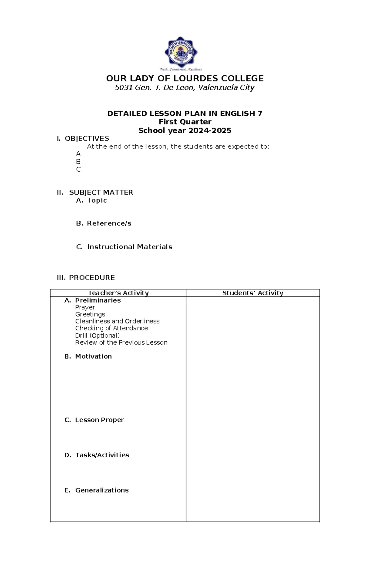 Detailed-LP- Template - OUR LADY OF LOURDES COLLEGE 5031 Gen. T. De ...