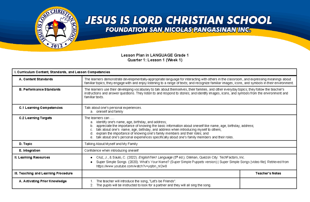 Language Lesson Plan Week 1 - Lesson Plan in LANGUAGE Grade 1 Quarter 1 ...
