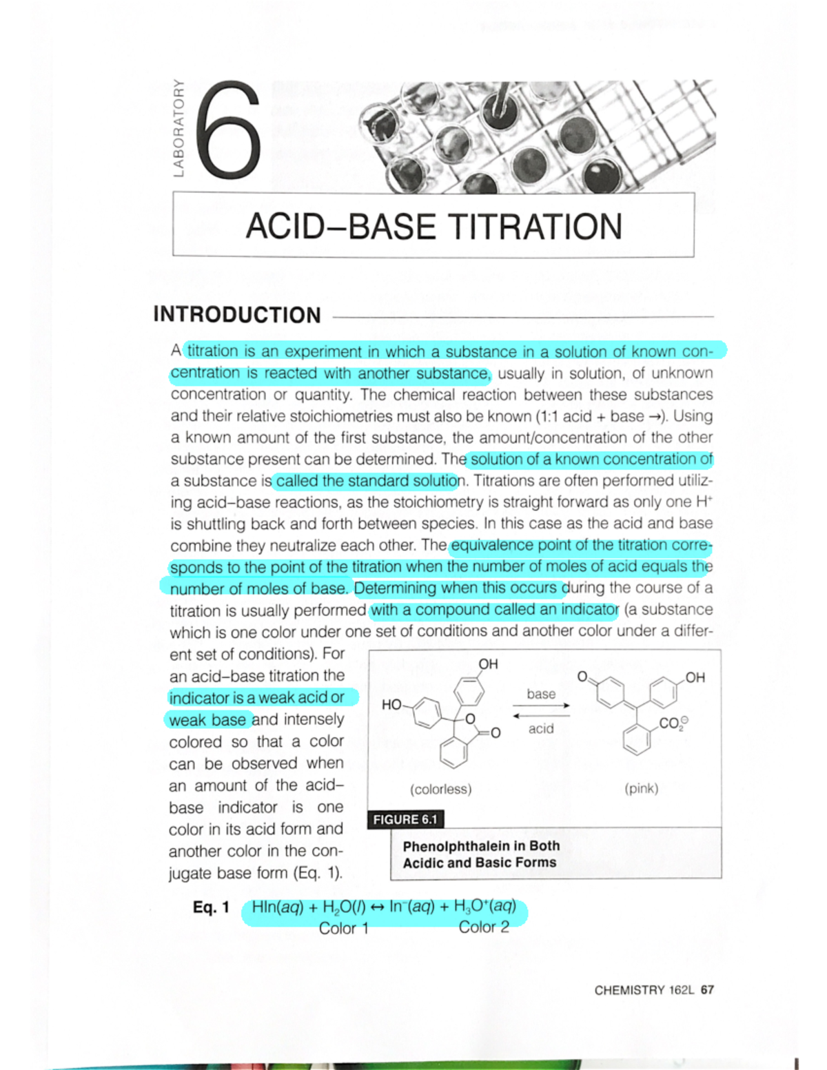 Lab 6 Chem 162 - Chem 162 Lab Manual for Lab 6 - ACID-BASE TITRATION ...