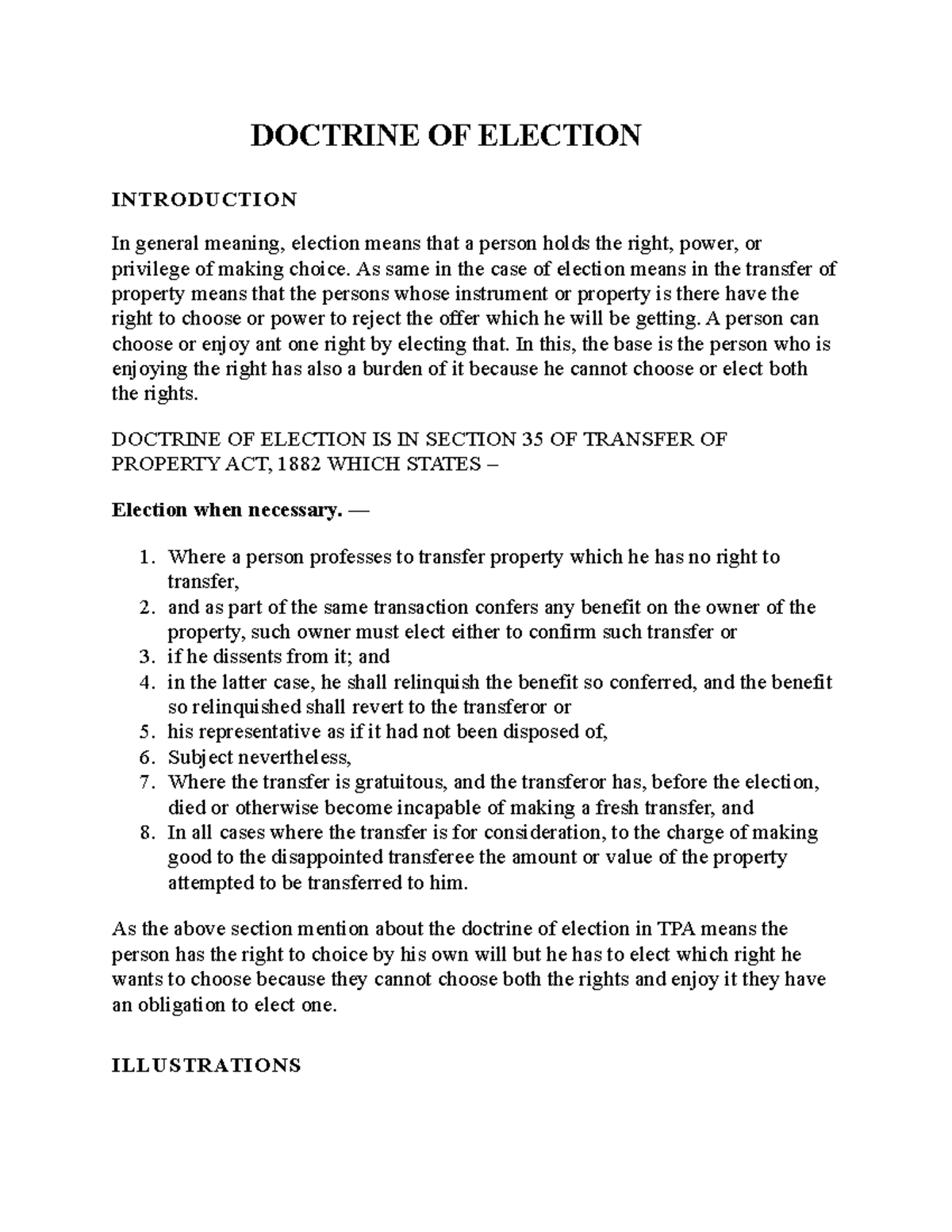 Doctrine OF Election - DOCTRINE OF ELECTION INTRODUCTION In general meaning, election means that ...