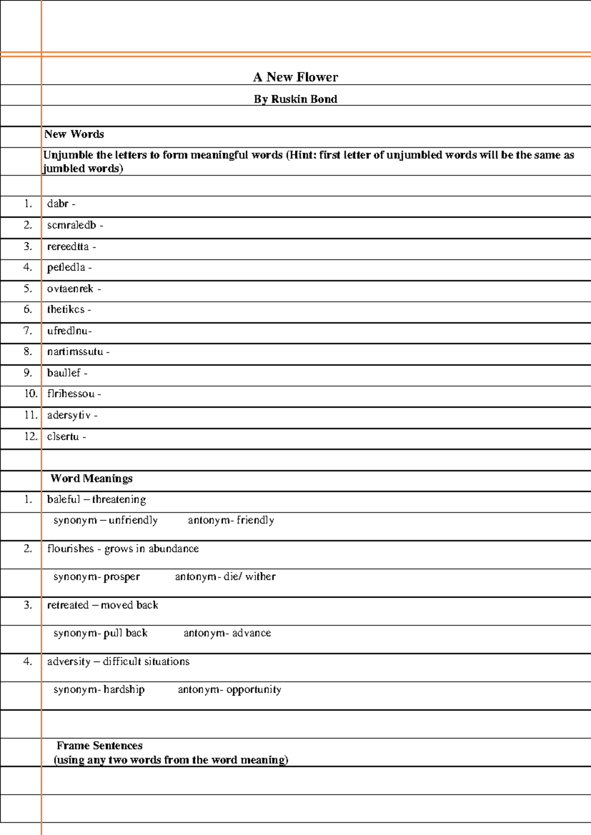 A New Flower- Notebook work - A New Flower By Ruskin Bond New Words ...