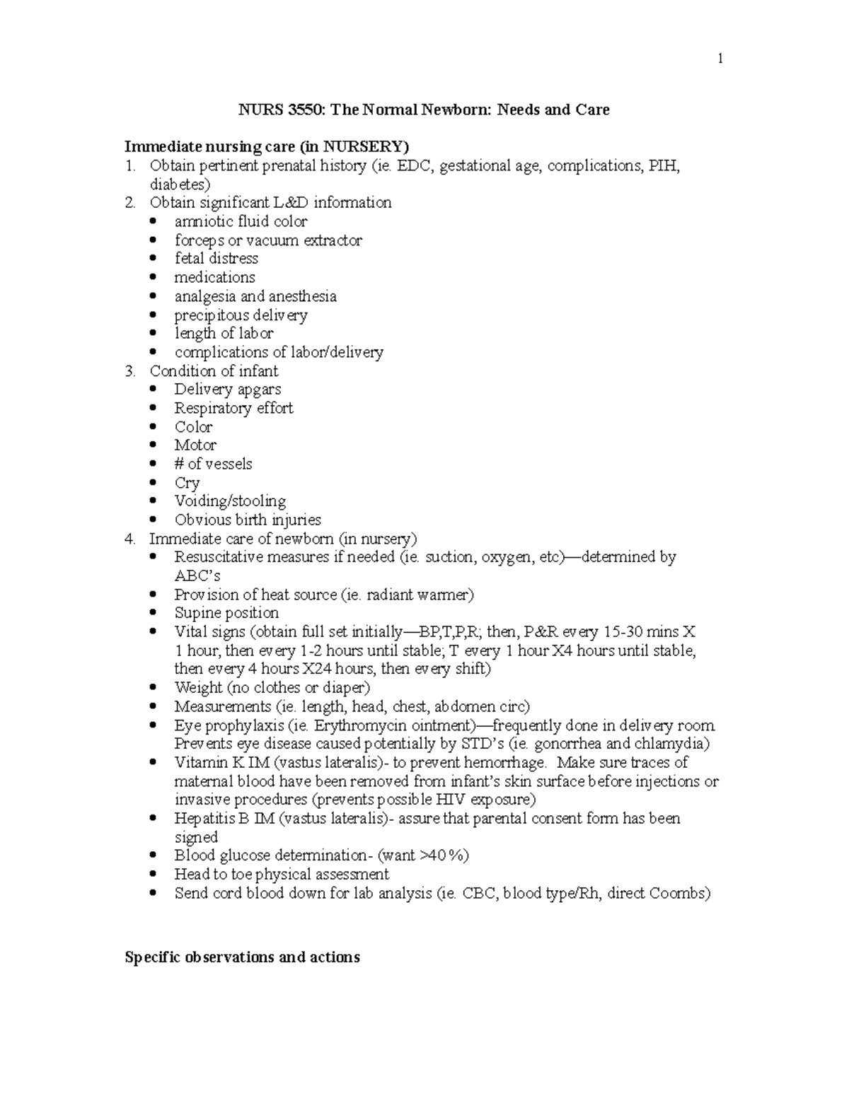 NURS 3550 Normal Newborn outline - NURS 3550: The Normal Newborn: Needs ...