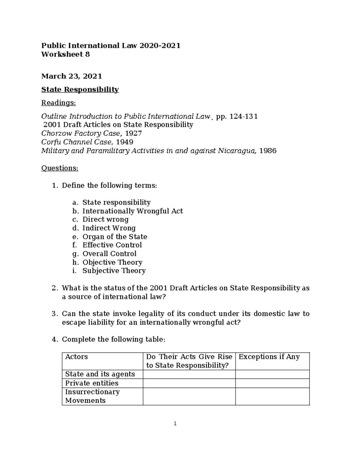 Worksheet 8 - Week 8 - 1 Public International Law 2020- Worksheet 8 ...