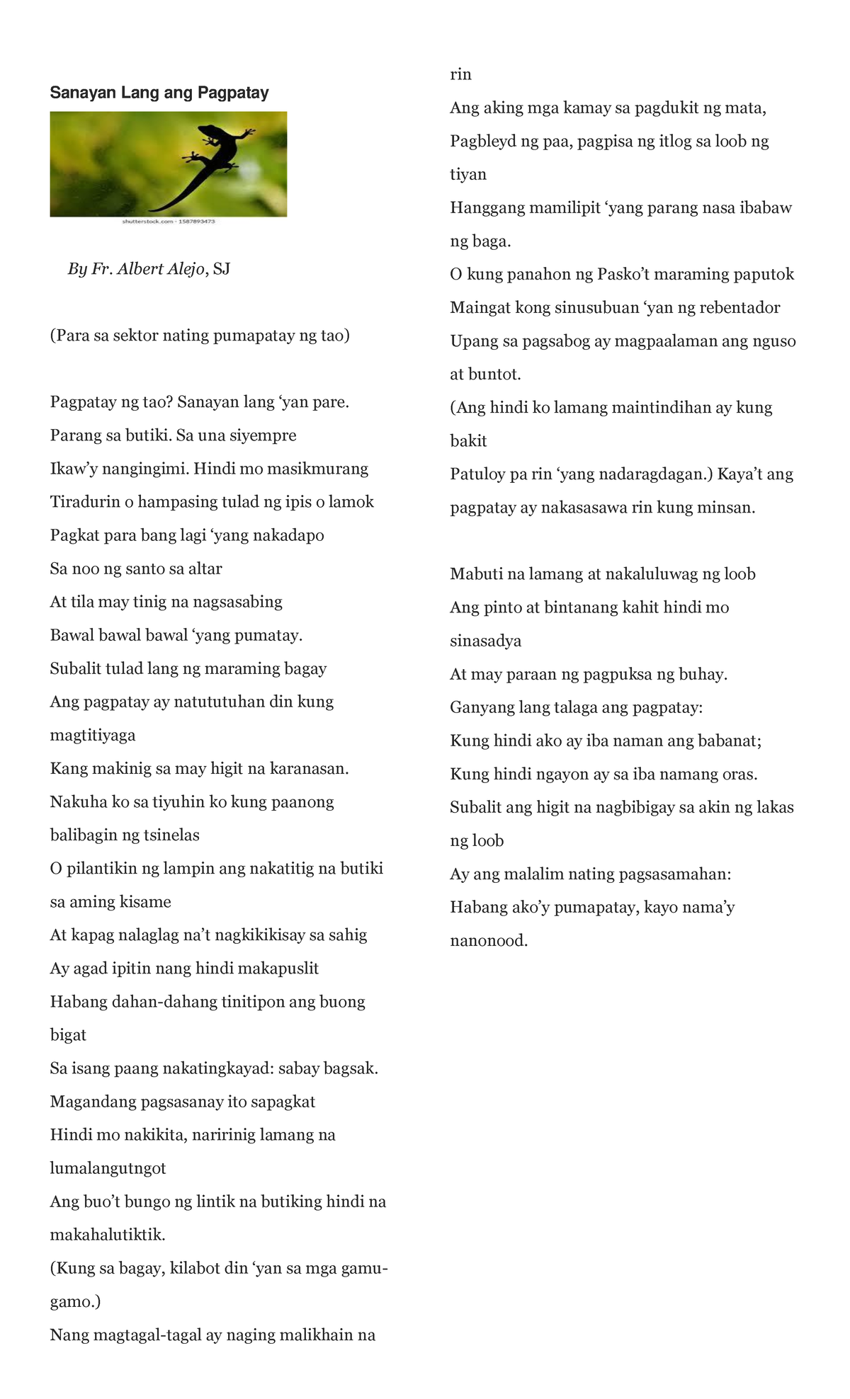 Sanayan Lang ang Pagpatay - World Literature - Studocu