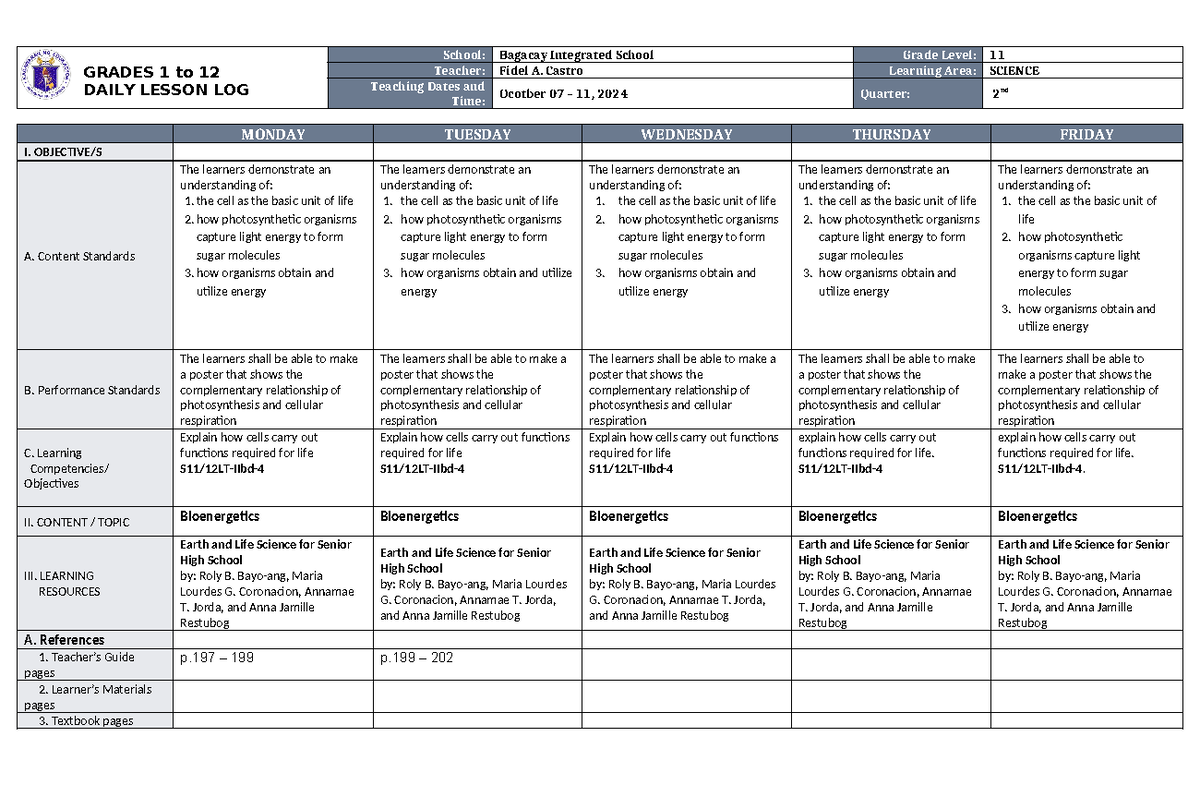 DLL ELS WEEK2 - DLL - CELLS - GRADES 1 to 12 DAILY LESSON LOG School ...