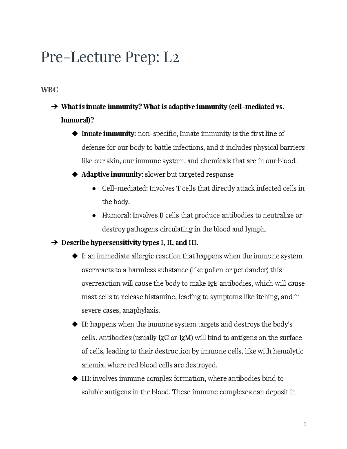 PATH 370 Pre-Lecture Preps - Pre-Lecture Prep: L WBC What is innate ...