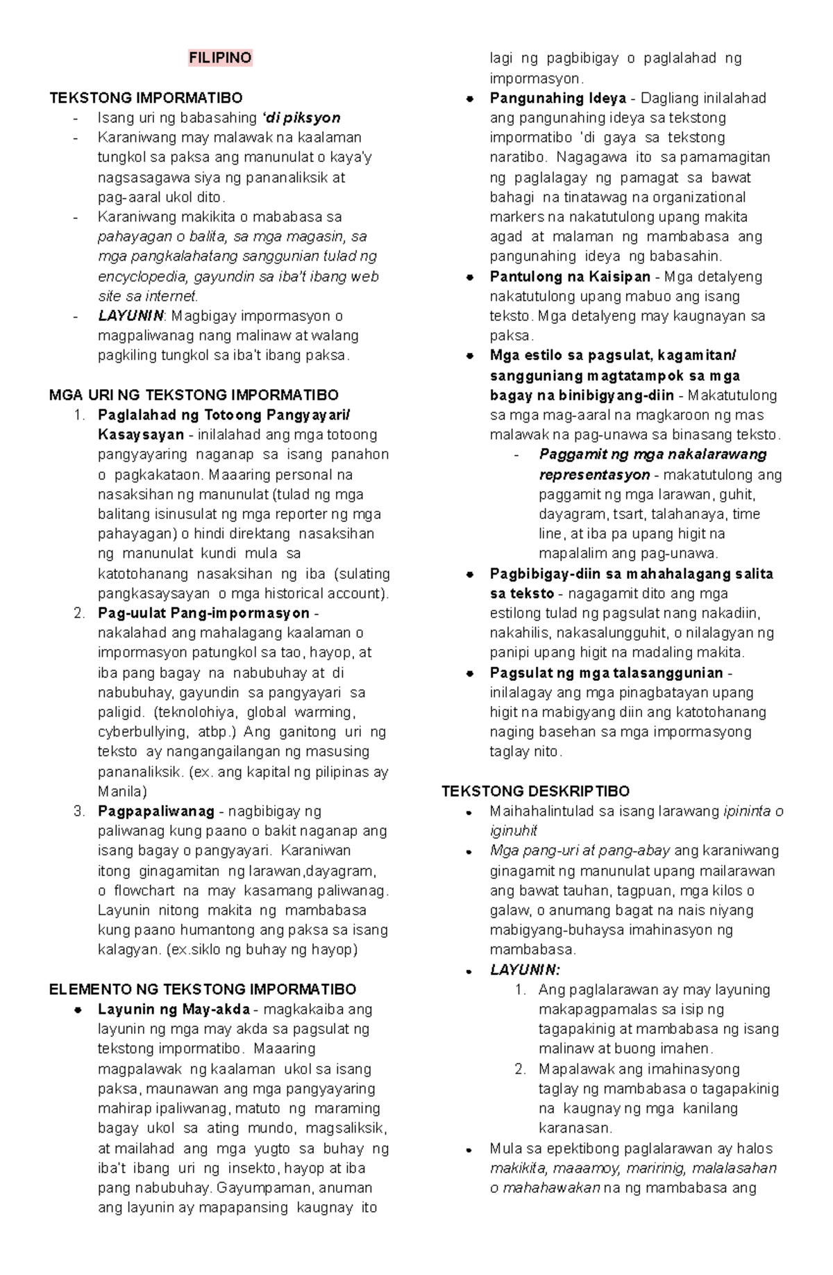 FIL - FILIPINO TEKSTONG IMPORMATIBO - Isang uri ng babasahing ‘di ...