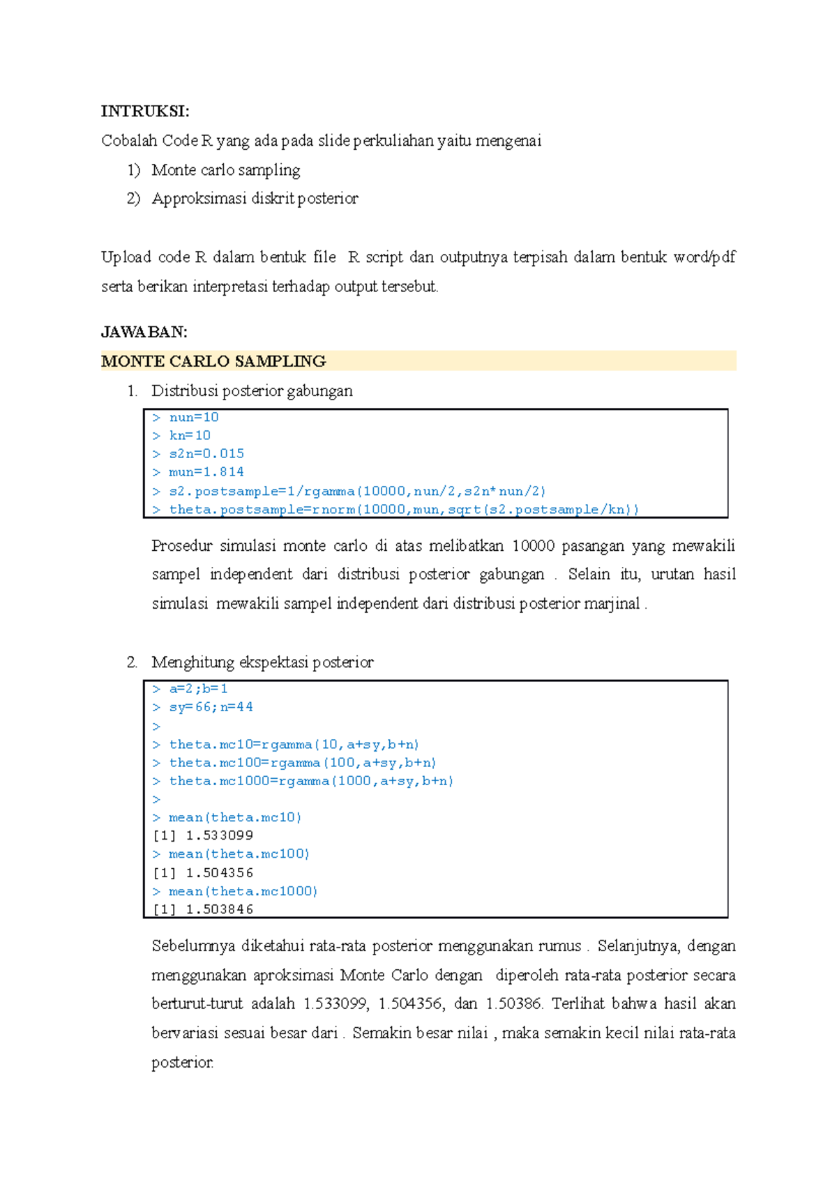 Monte Carlo Sampling and Posterior Discrete Approximation Exercises ...