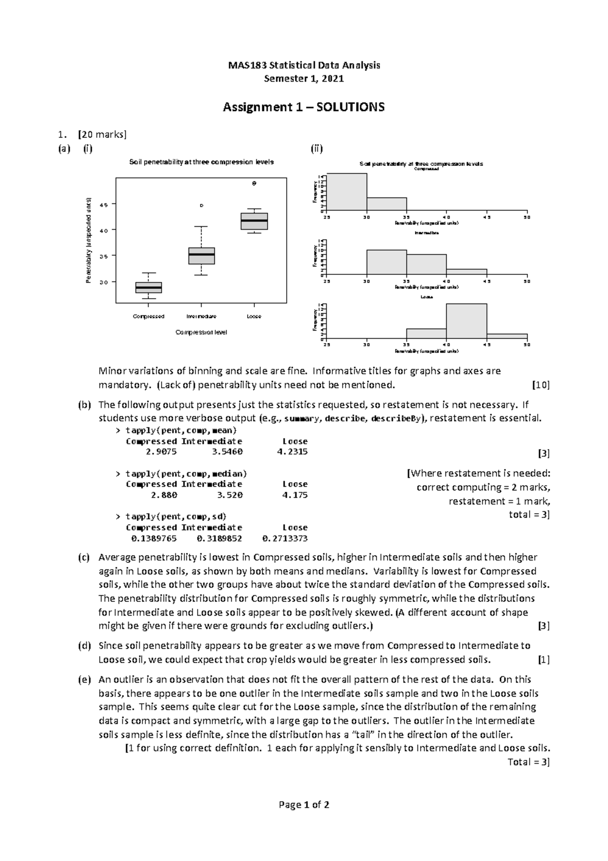 Assign 1 sol - Page 1 of 2 MAS183 Statistical Data Analysis Semester 1, 2021 Assignment 1 ...