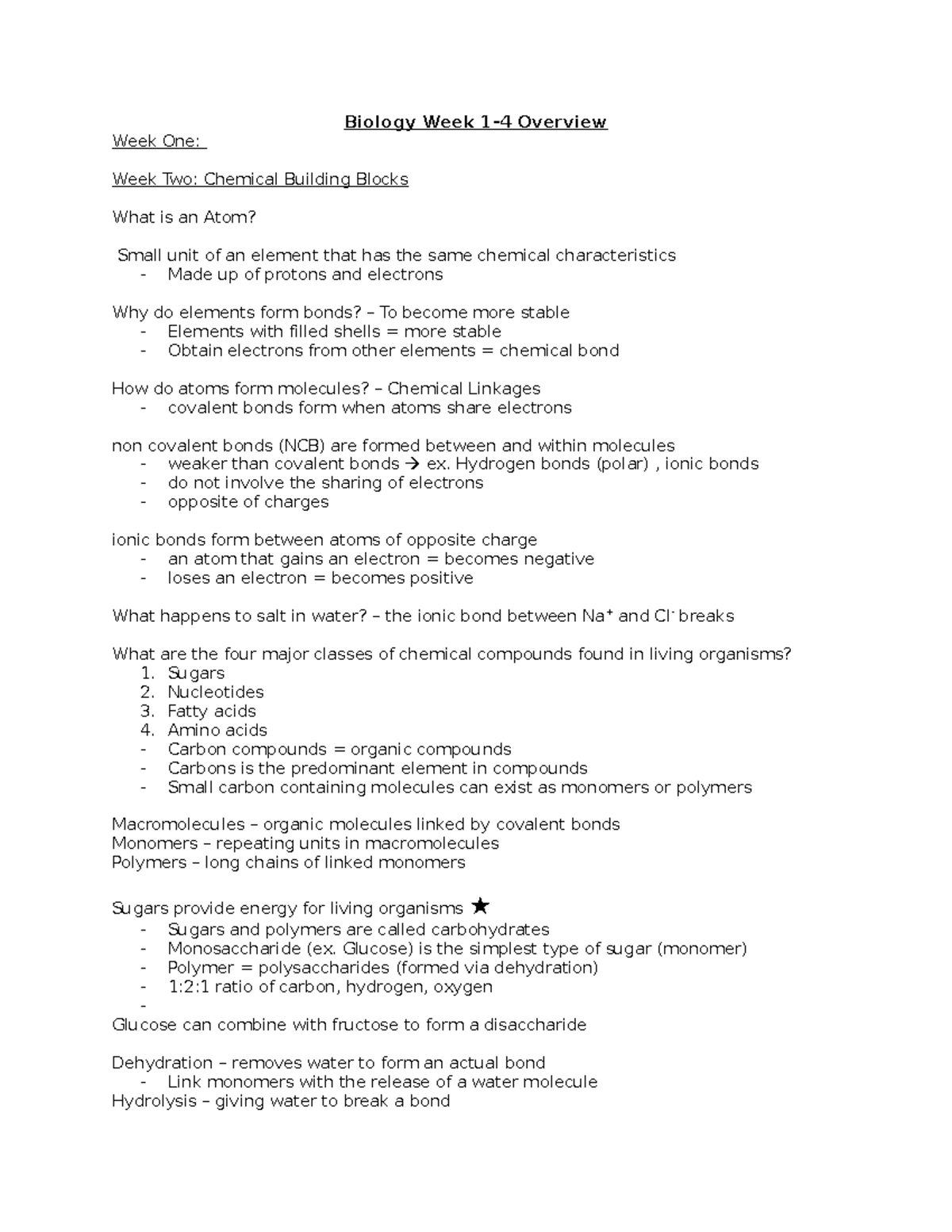 Bio week 1-4 notes - summary for weeks 1-4 - Biology Week 1-4 Overview ...