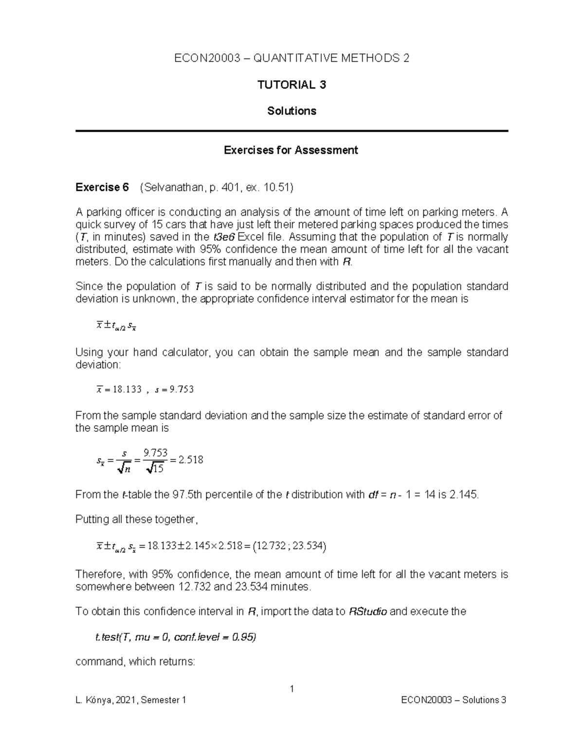 Tutorial 2 questions Quantitative Methods 2 ECON20003 - 1 ECON20003 – QUANTITATIVE METHODS 2 ...