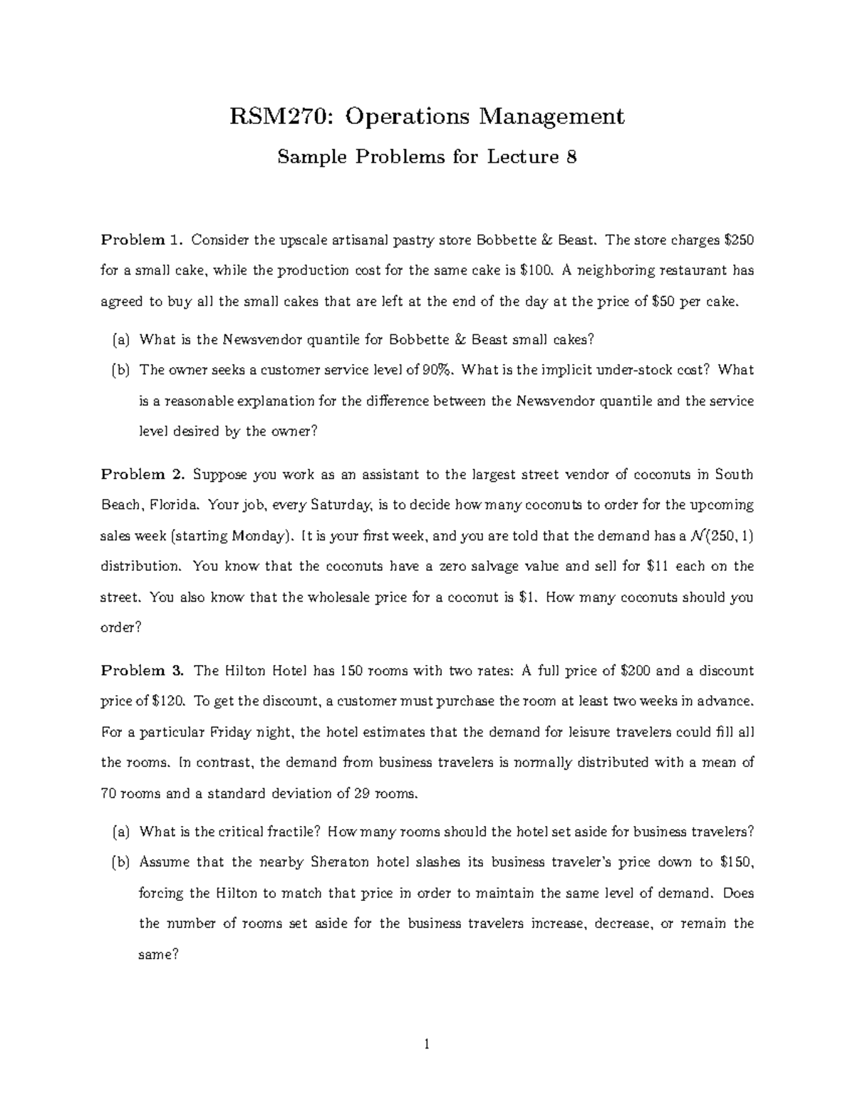 Sample Problems - Lecture 8 - Without Solutions - RSM270: Operations ...