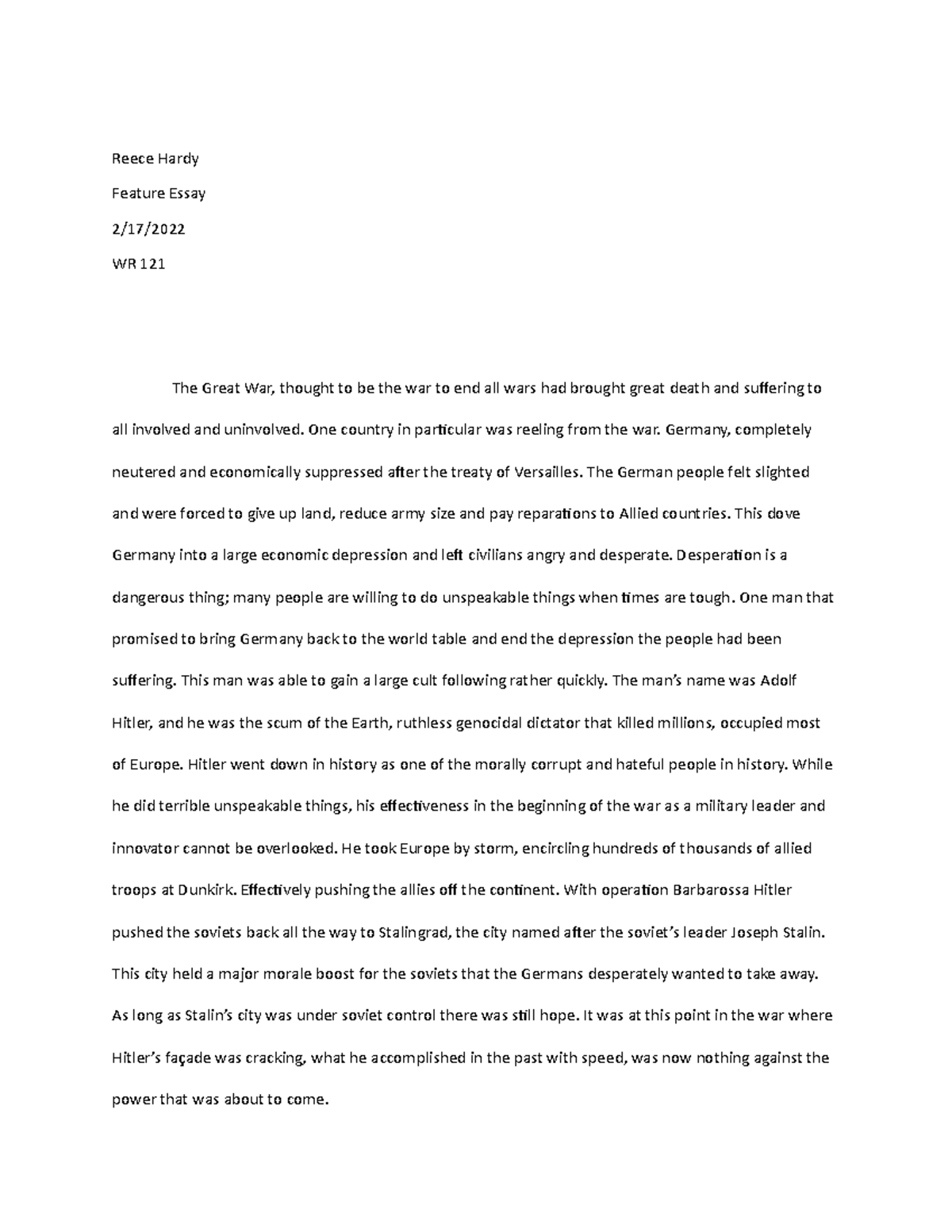 Reece Hardy feature essay - Reece Hardy Feature Essay 2/17/ WR 121 The ...