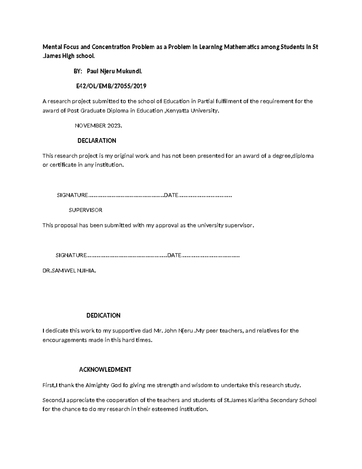 Research project on Mental Focus Problem in Learning Mathematics among ...