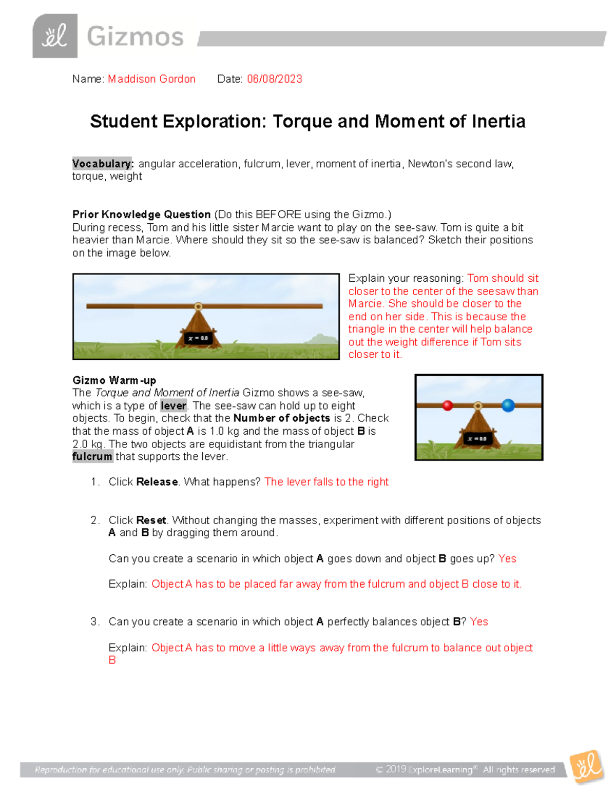 Torque Moment Inertia SE - Name: Maddison Gordon Date: 06/08/ Student ...
