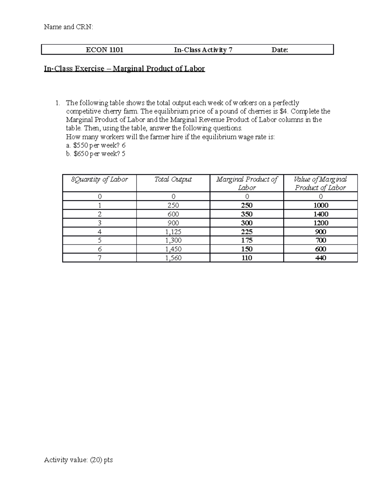 7Q) ECON 1101 In-Class (MPL) - Name and CRN: ECON 1101 In-Class Activity 7 Date: In-Class ...