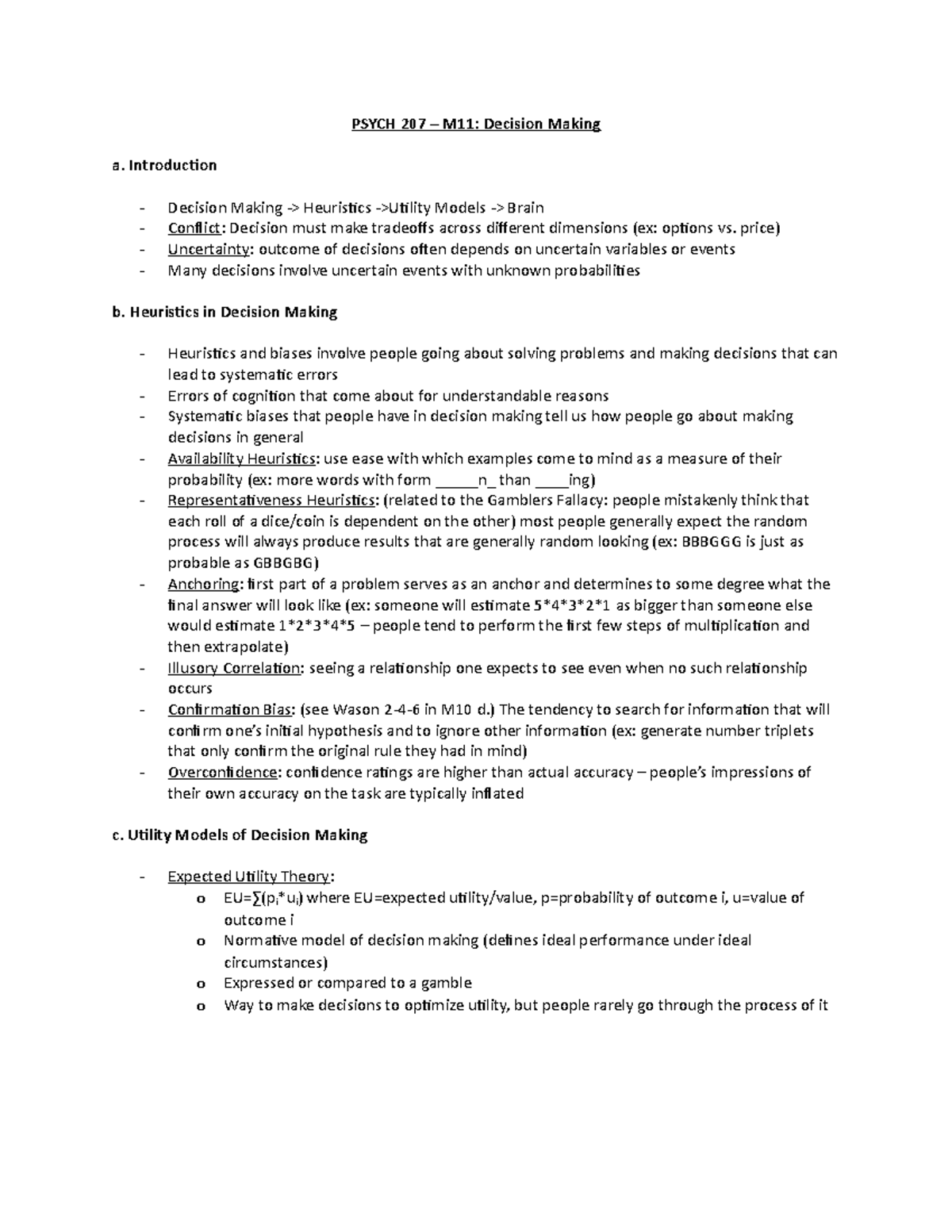 Psych 207 Module 11 Notes - PSYCH 207 M11: Decision Making a ...