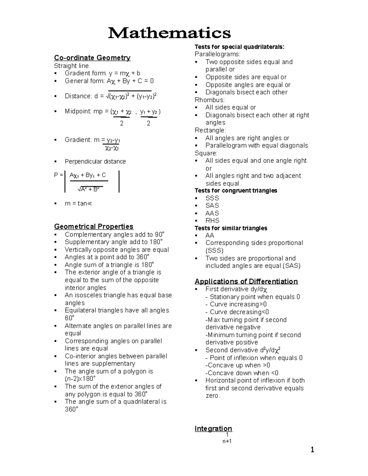 Maths 2 Unit Notes - by Tim - Co-ordinate Geometry Straight line ...