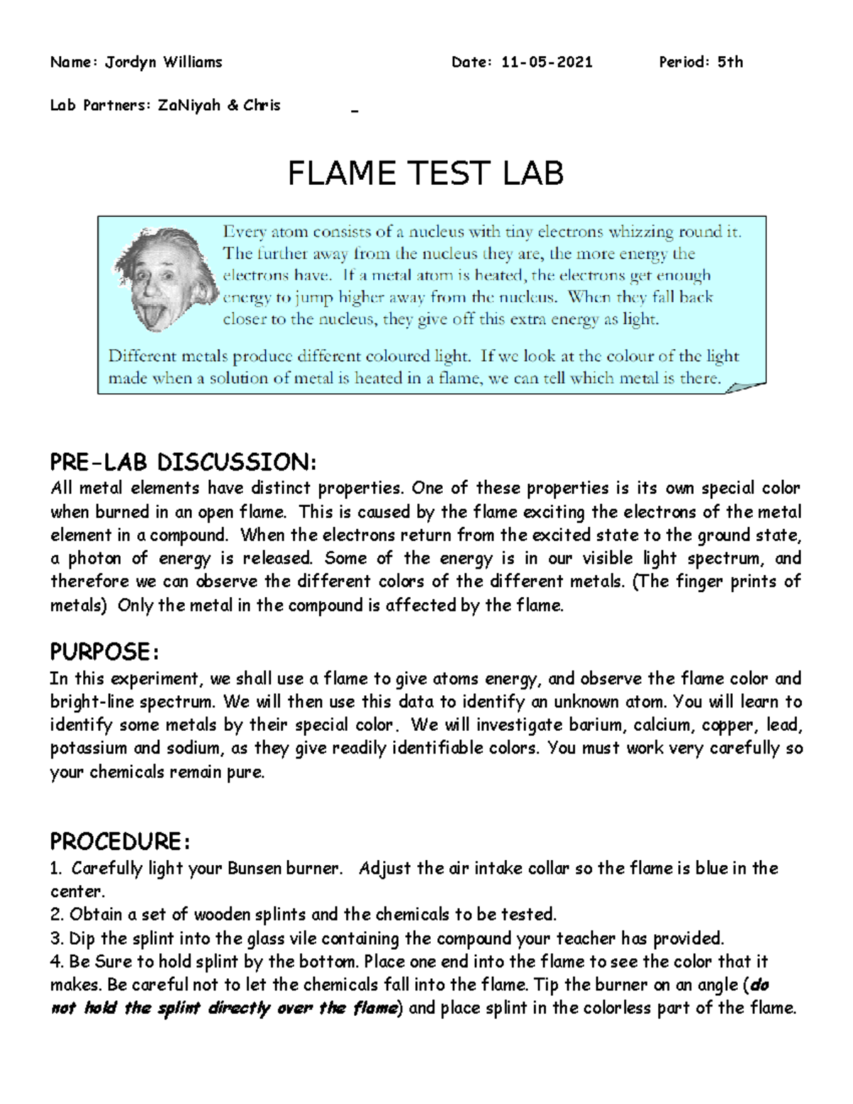 Chemistry Lab Flame Test - Name: Jordyn Williams Date: 11-05-2021 ...