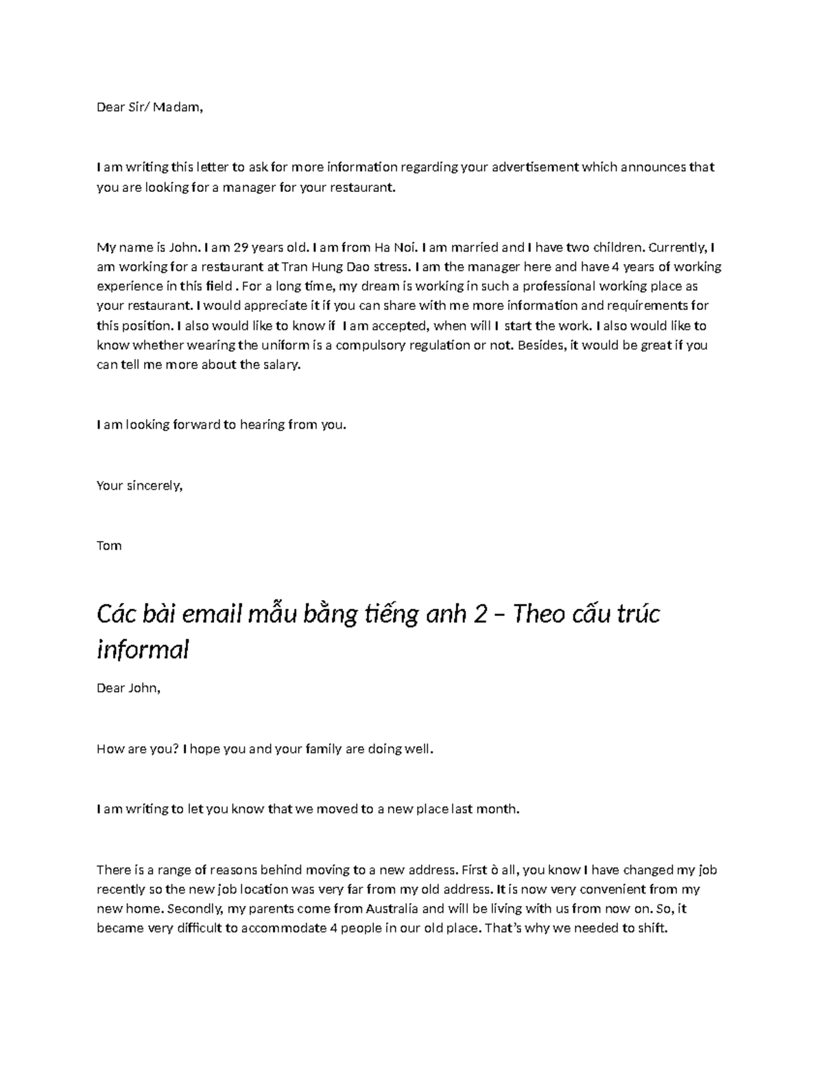 Dear Sir - english b1.1 - Dear Sir/ Madam, I am writing this letter to ...