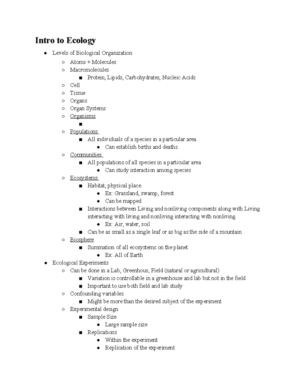 Intro to Ecology - Intro to Ecology Levels of Biological Organization ...