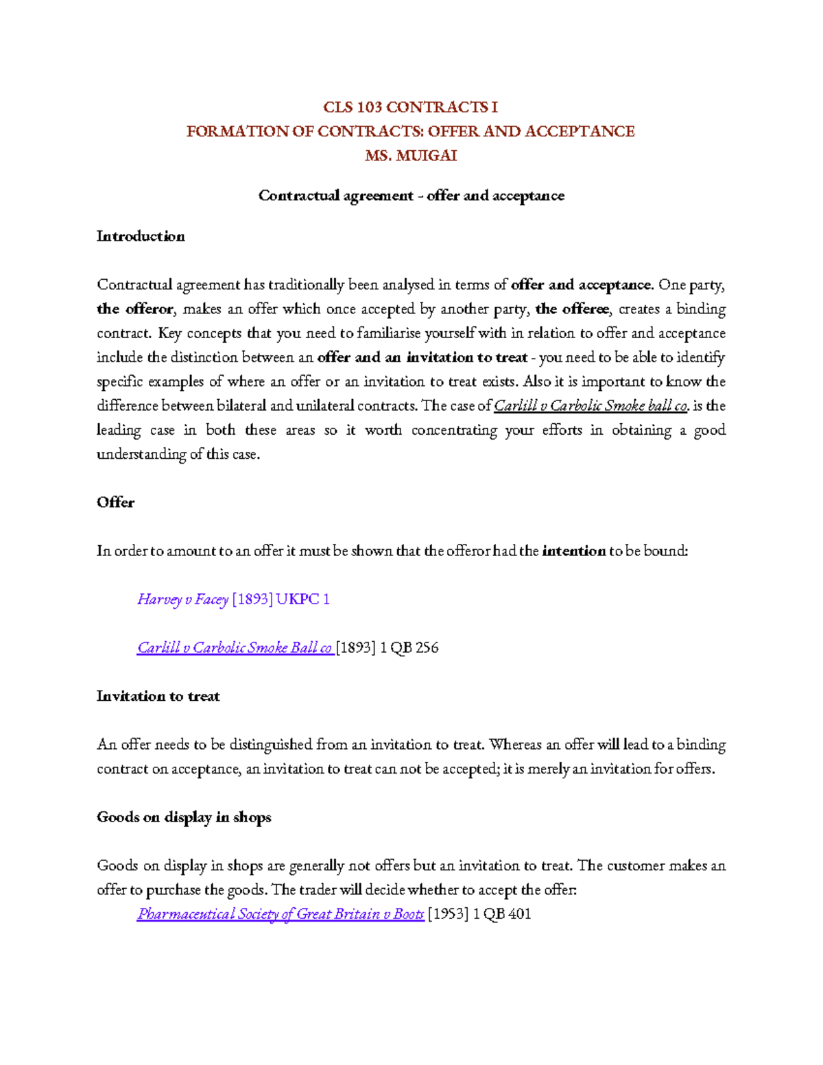 Offer AND Acceptance Handout - C0S ـؽؾ CONTRACTS I FORMATION OF ...