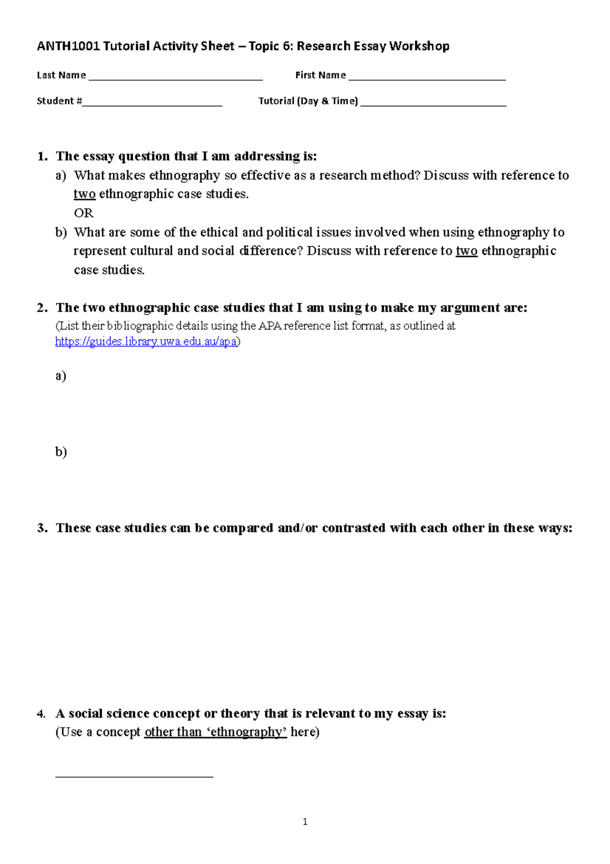 Tutorial Activity - Topic 6 Essay Planning - ANTH1001 Tutorial Activity ...