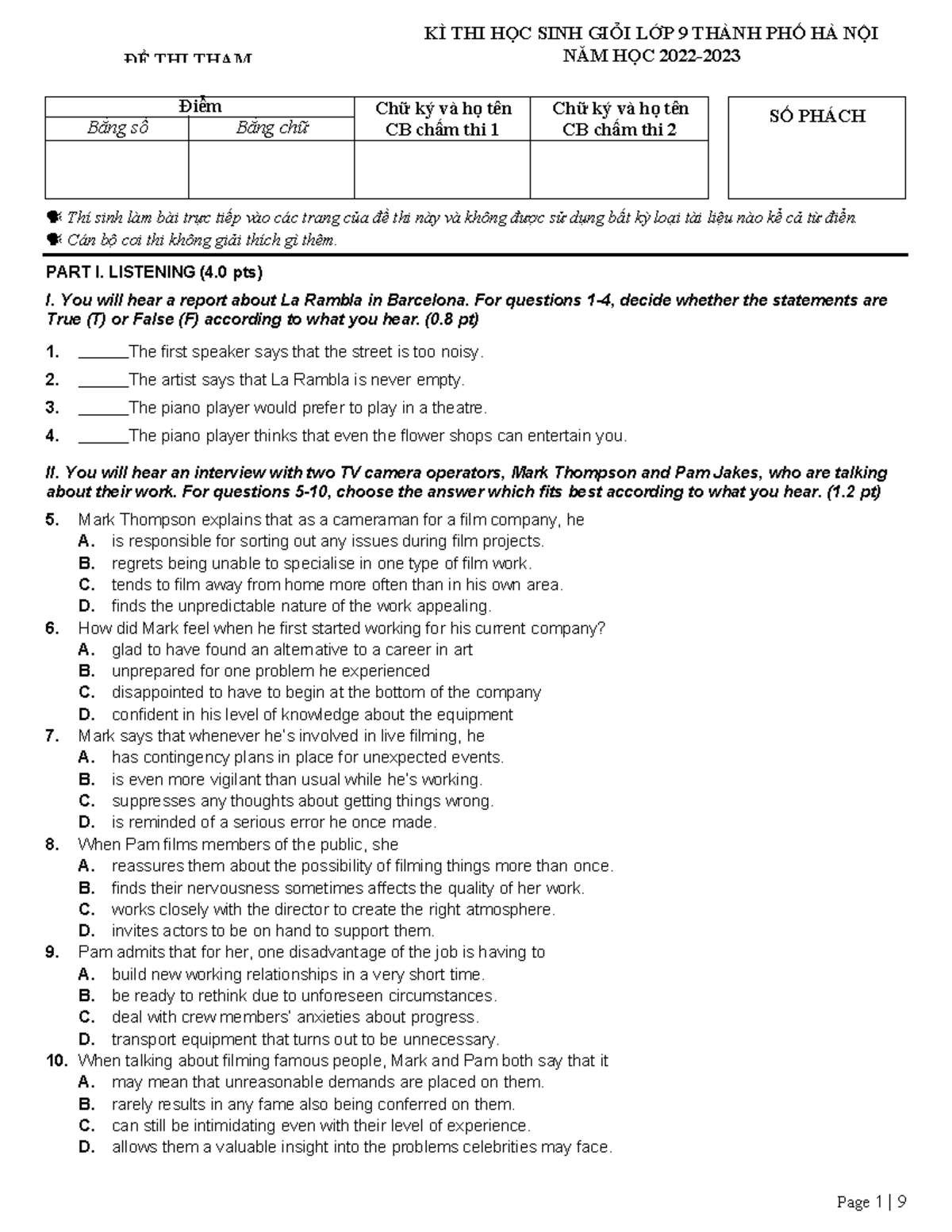 [ Sample] HSG Anh 9 HN - for practice - KÌ THI HỌC SINH GIỎI LỚP 9 ...